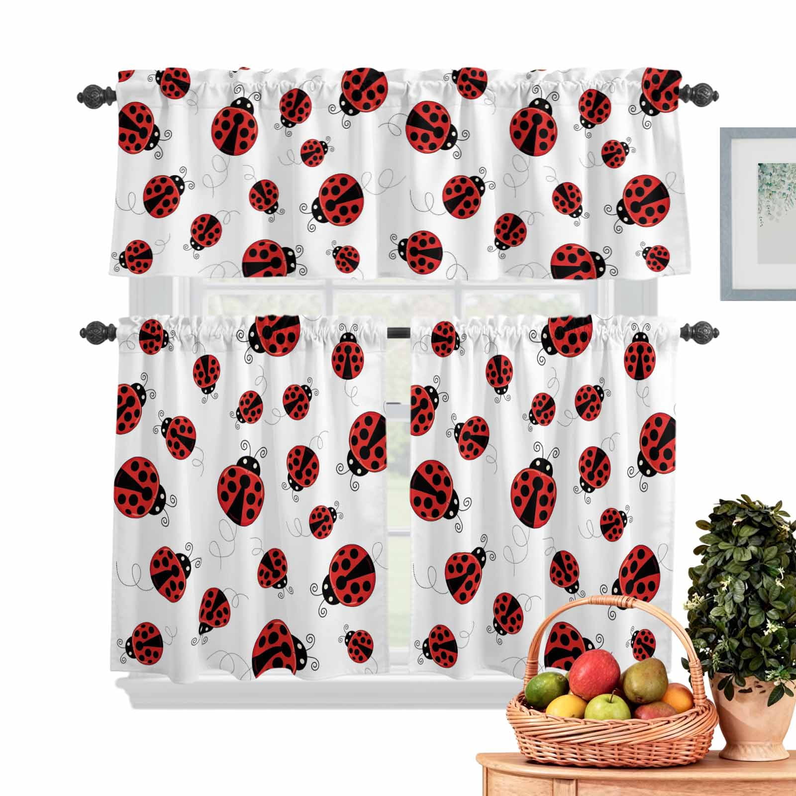 Fun Ladybug Kitchen Curtains Valances 3 Piece Set, Black Dot Reptile ...