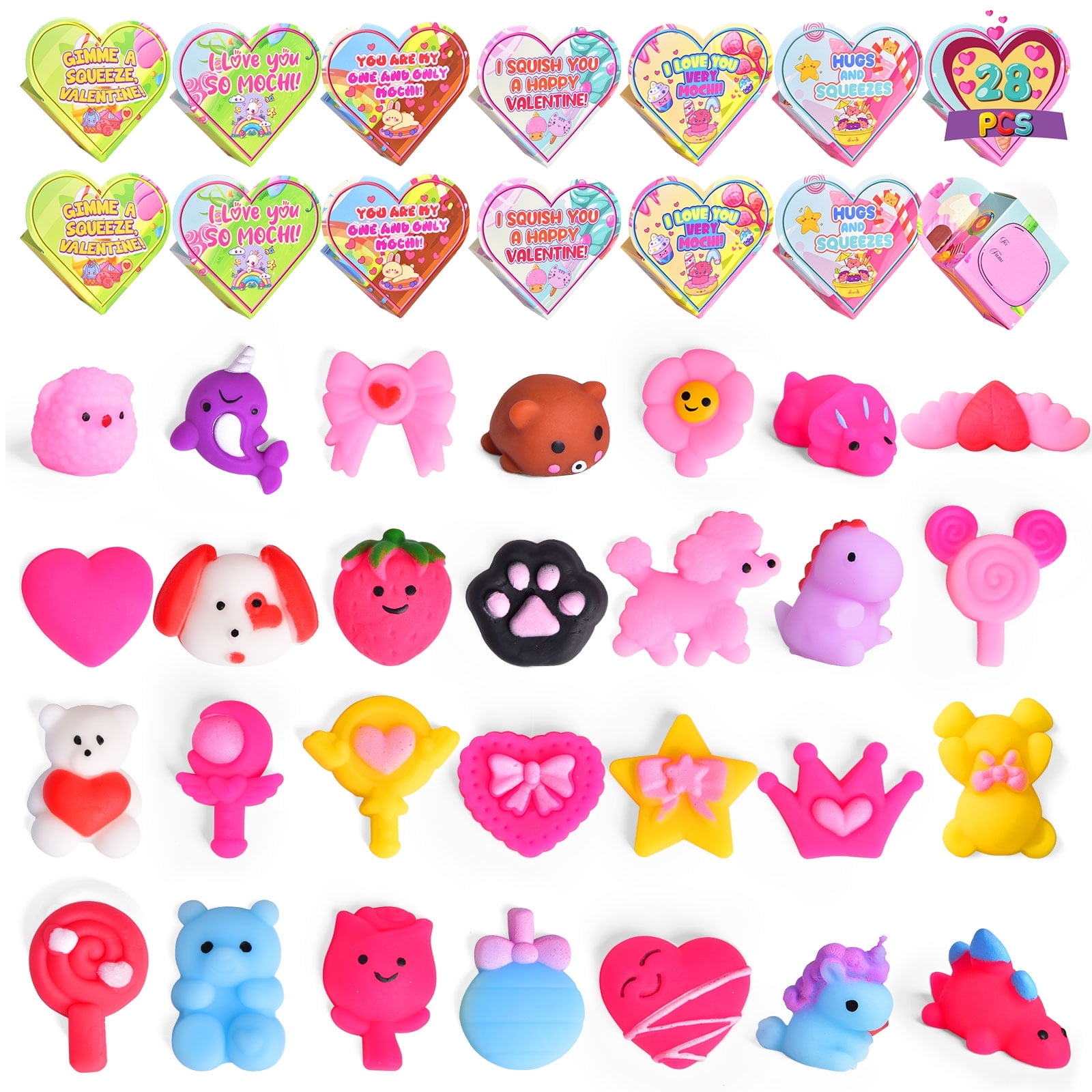 Fun Little Toys 28Pcs Valentine Mochi Squishy with Heart Gift Box Candy ...