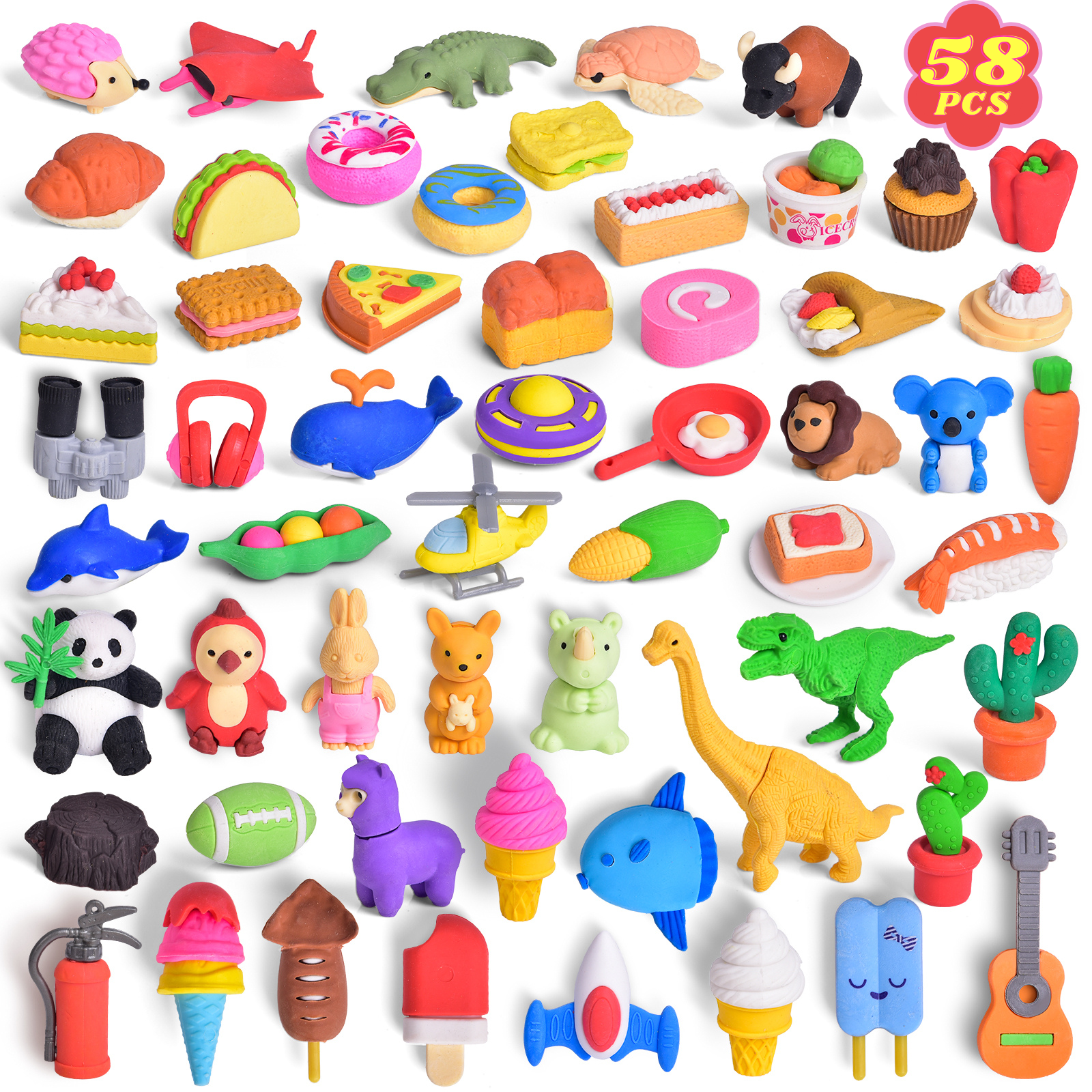 Fun Little Toys 58 Pcs Novelty Shaped Assorted Erasers, Cute Mini ...
