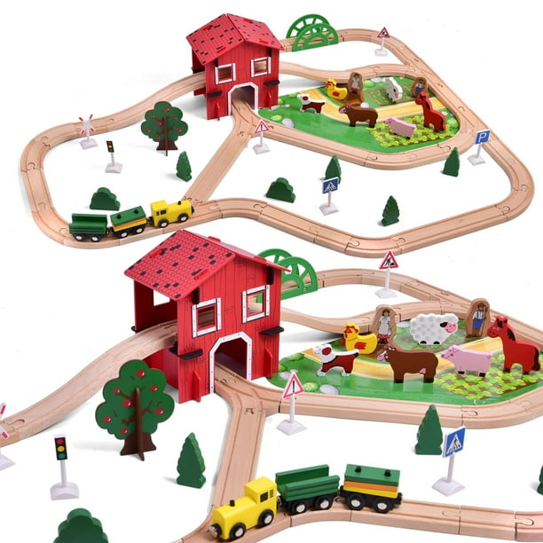 Fun Little Toys 77 Pcs Wooden Farm & Tractor Play Set Wooden Train Wood ...
