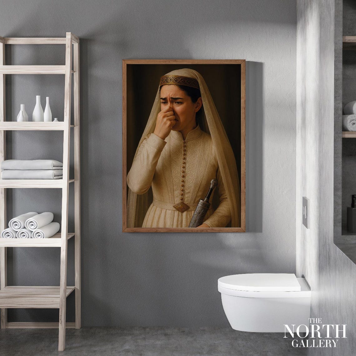 Fun Medieval Nose Holding Bathroom Poster Royal Warrior Woman Print For ...