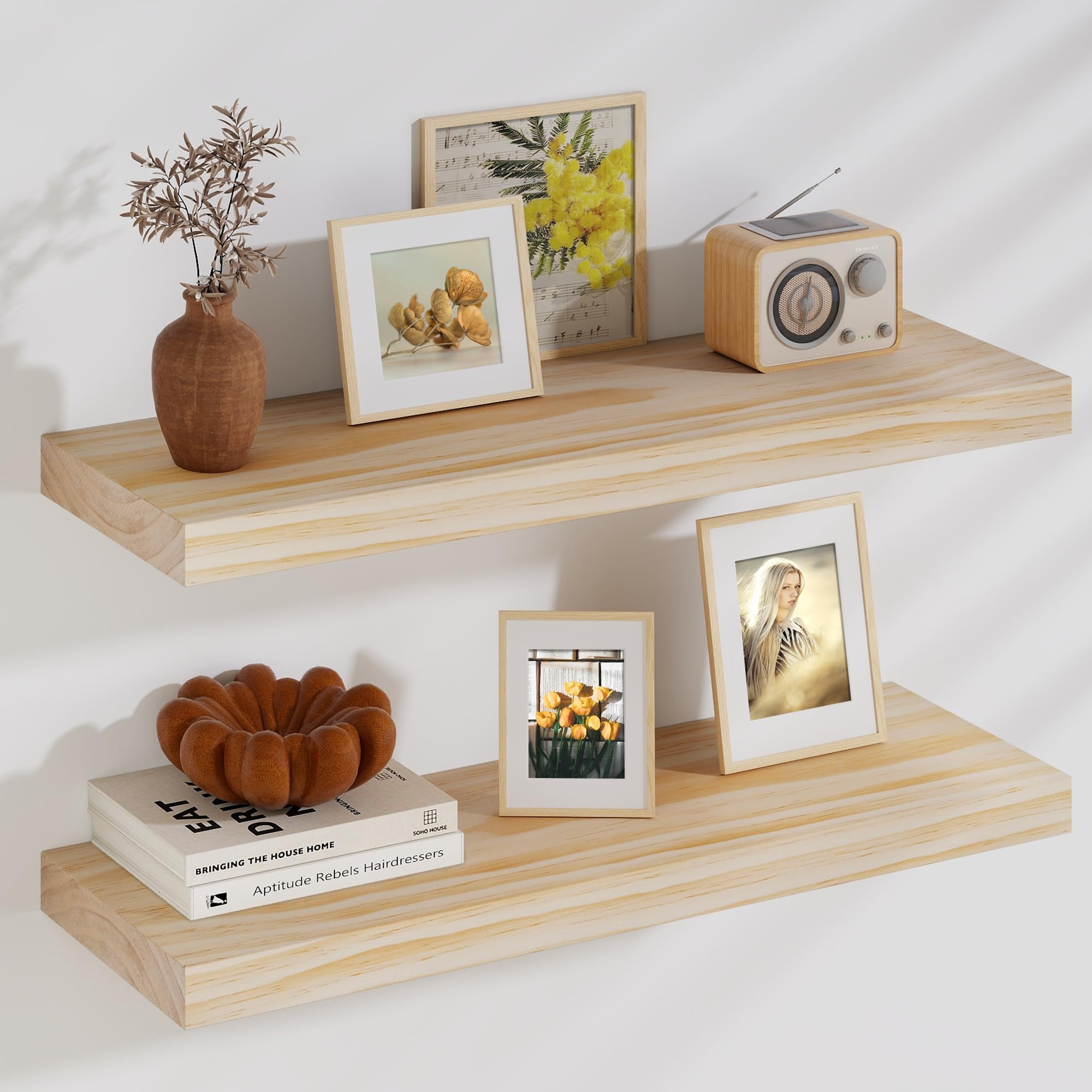 Fun Memories Floating Shelves, 9.3'' Deep Solid Pine Wall Shelves for ...