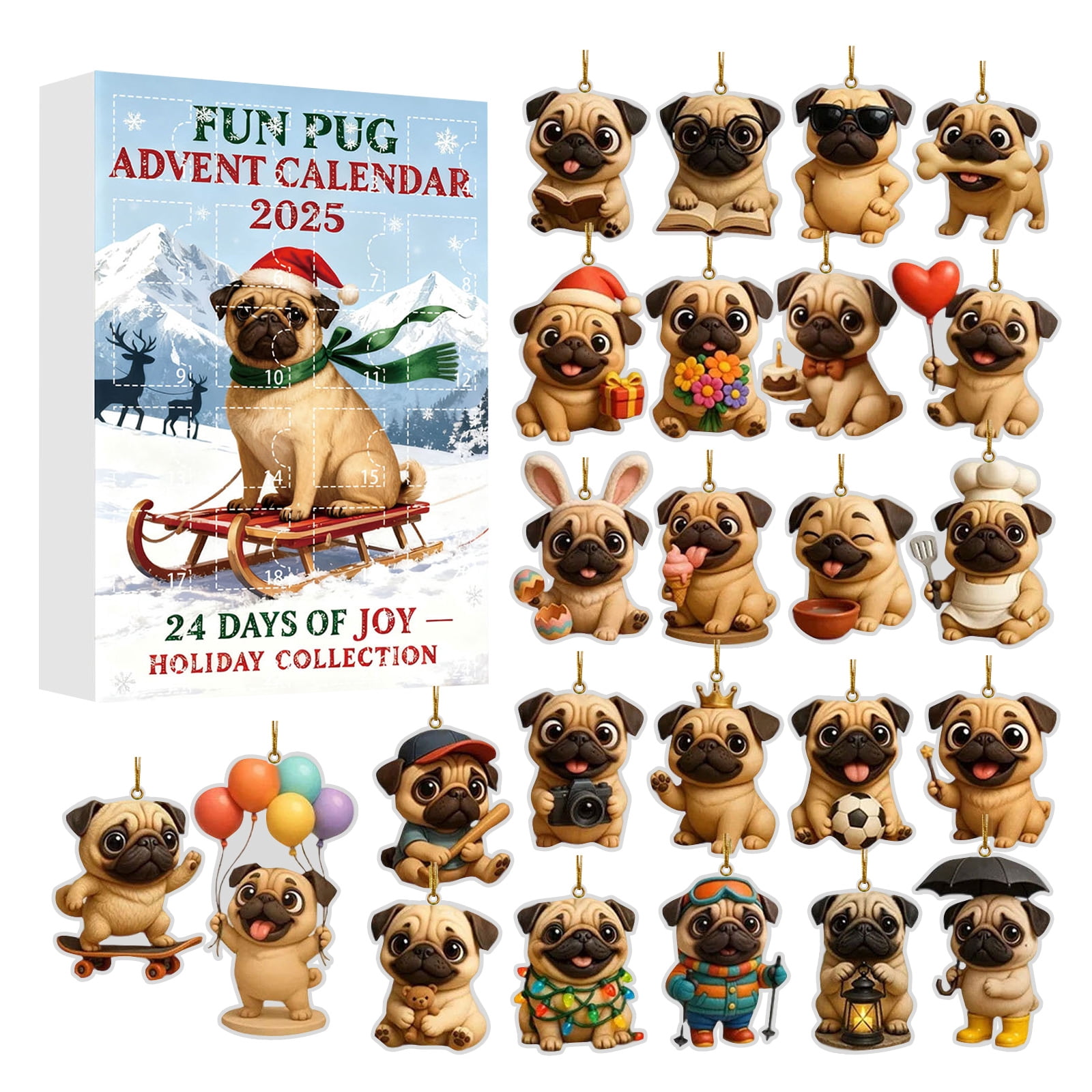 Fun Pug Advent Calendars 2025, 24 Days Acrylic Dog Ornaments Christmas ...