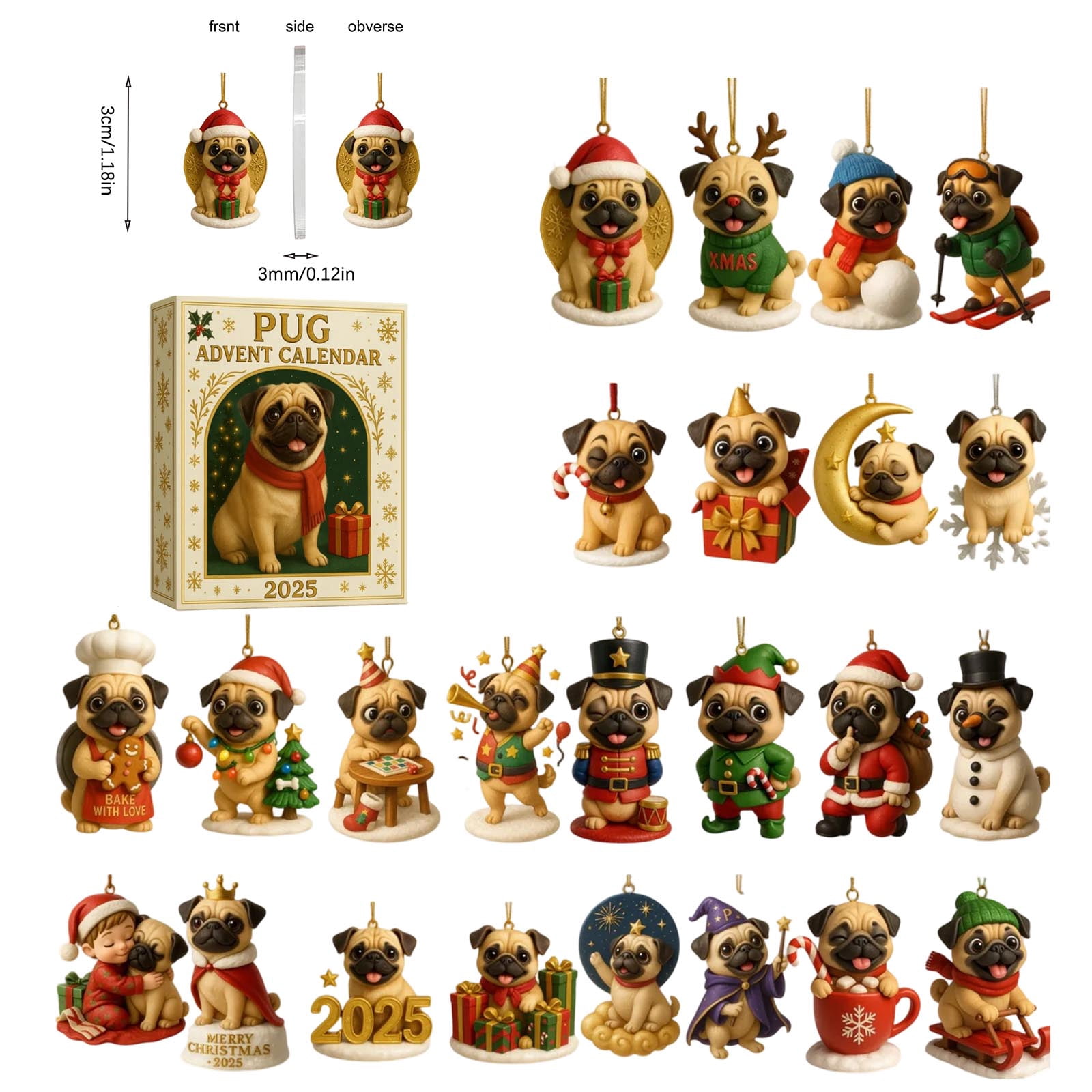 Fun Pug Advent Calendars 2025, 2D Acrylic Ornament Advent, 24 Days ...