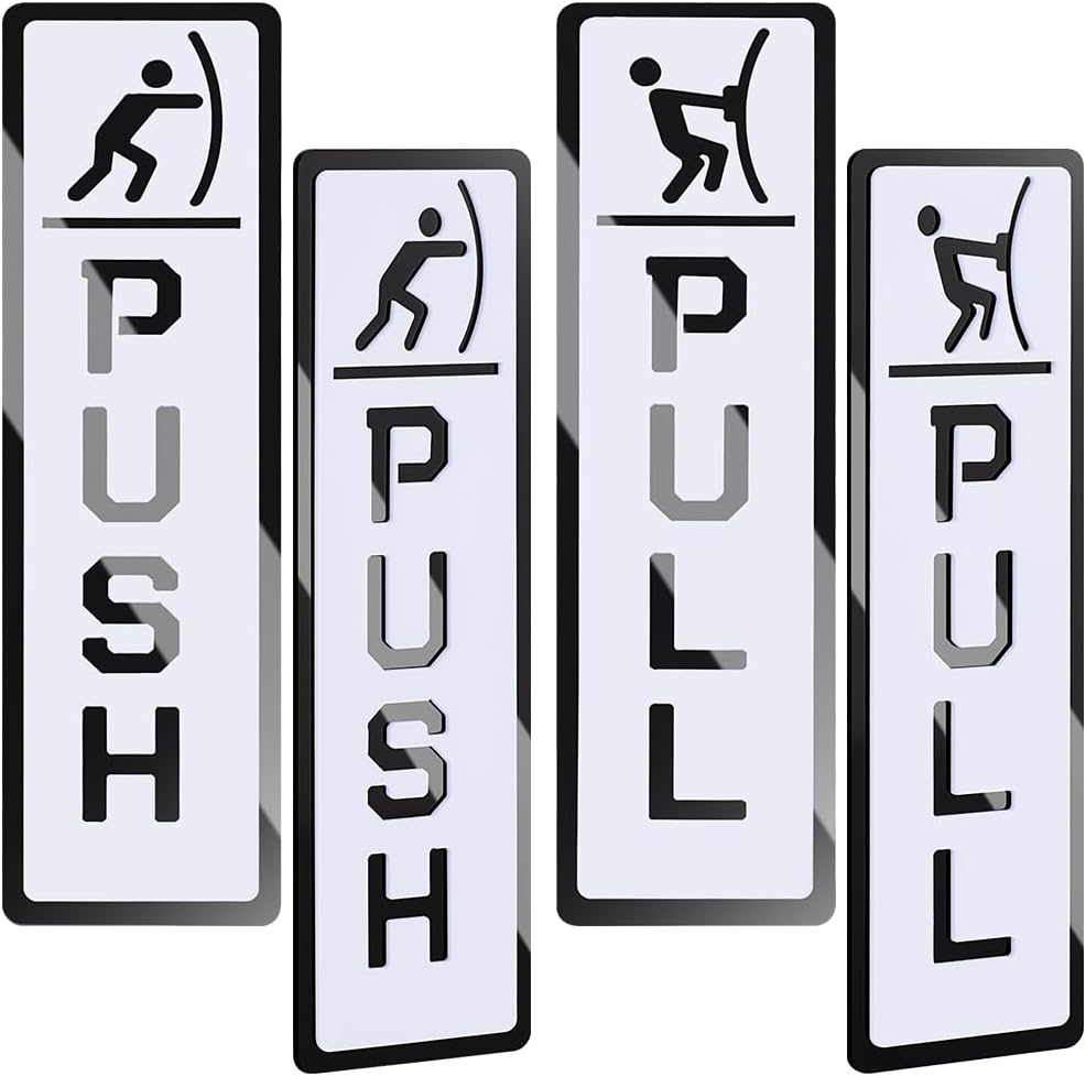 Fun Push Pull Door Sign 4Pcs-4.92~5.9 X 1.96 Inch-Self-Adhesive Door Entrance Signs Black and ...