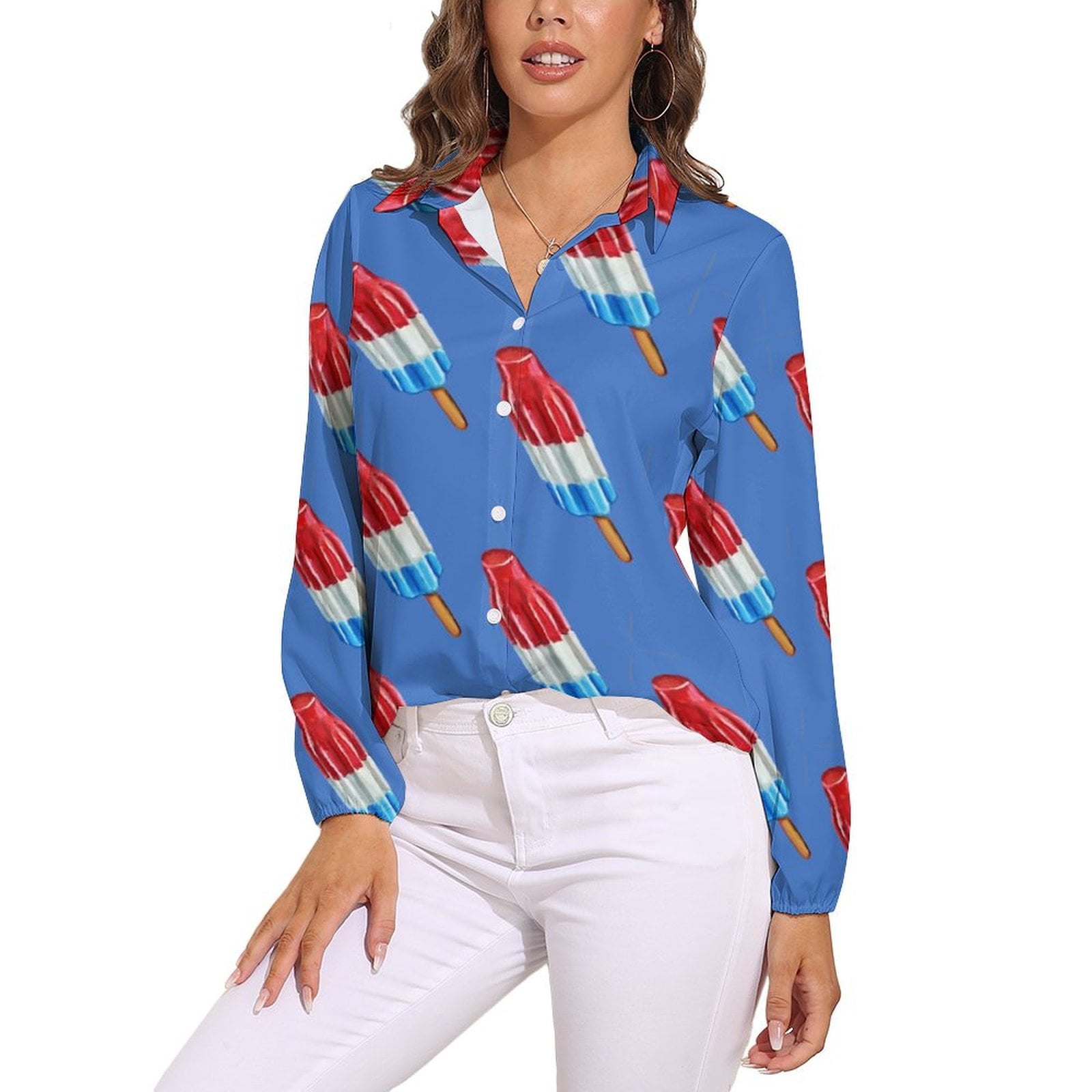 Fun Rocket Pop Popsicle Pattern Long Sleeve Blouse Woman Streetwear ...