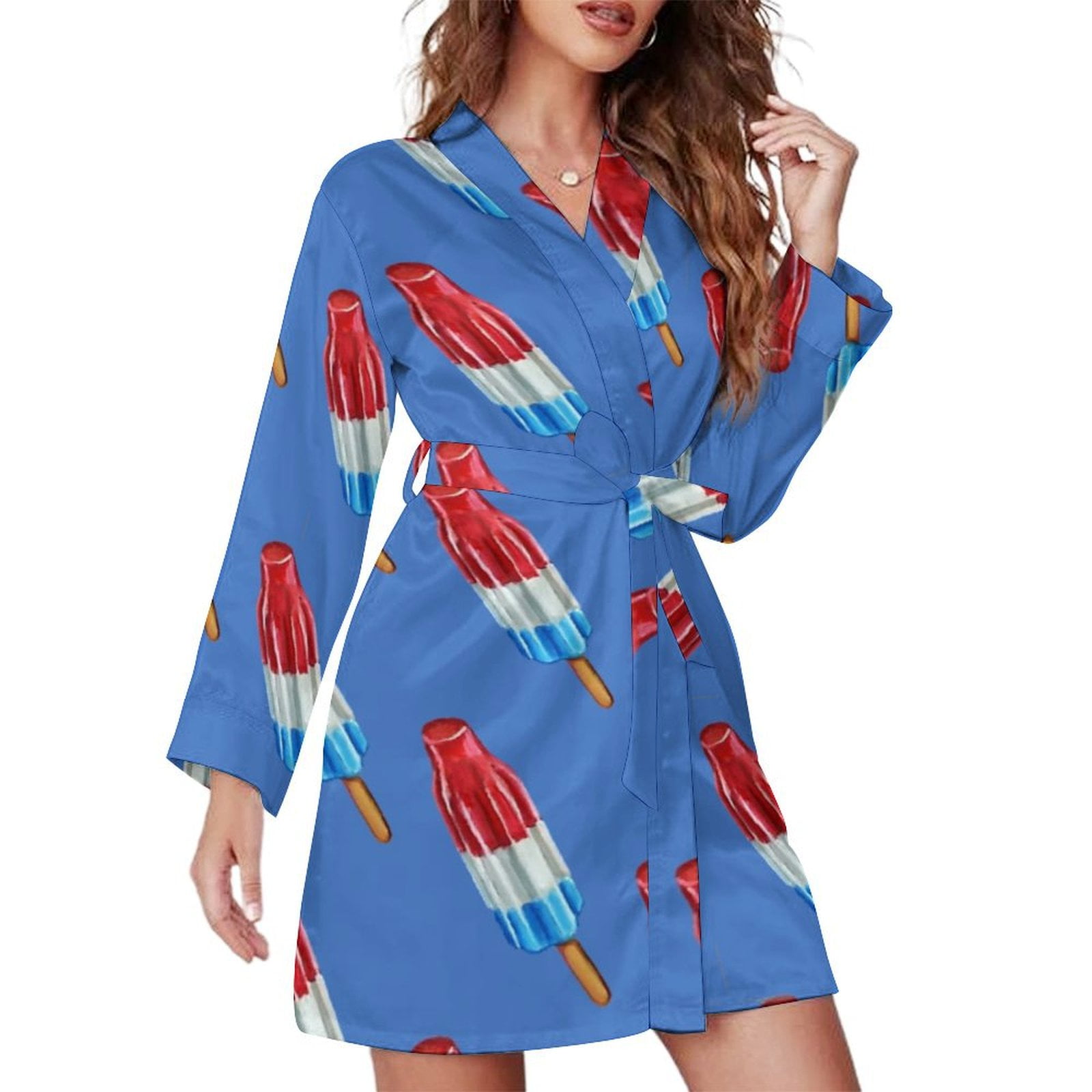 Fun Rocket Pop Popsicle Pattern Night Robe Long Sleeve V Neck Robe With ...