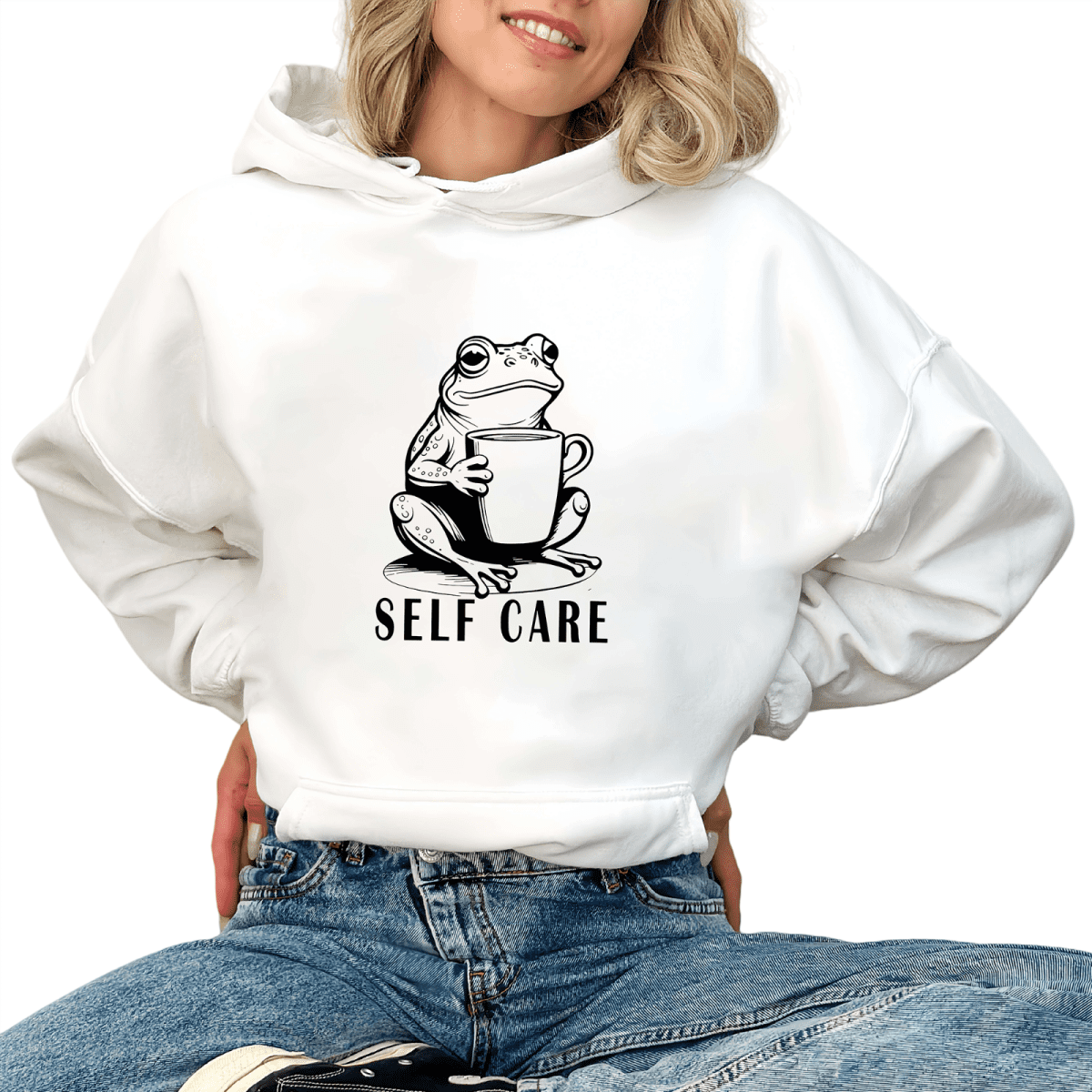 Fun Self-Care Cup-Holding Frog Graphic Sweatshirt Print Hoodie White S ...