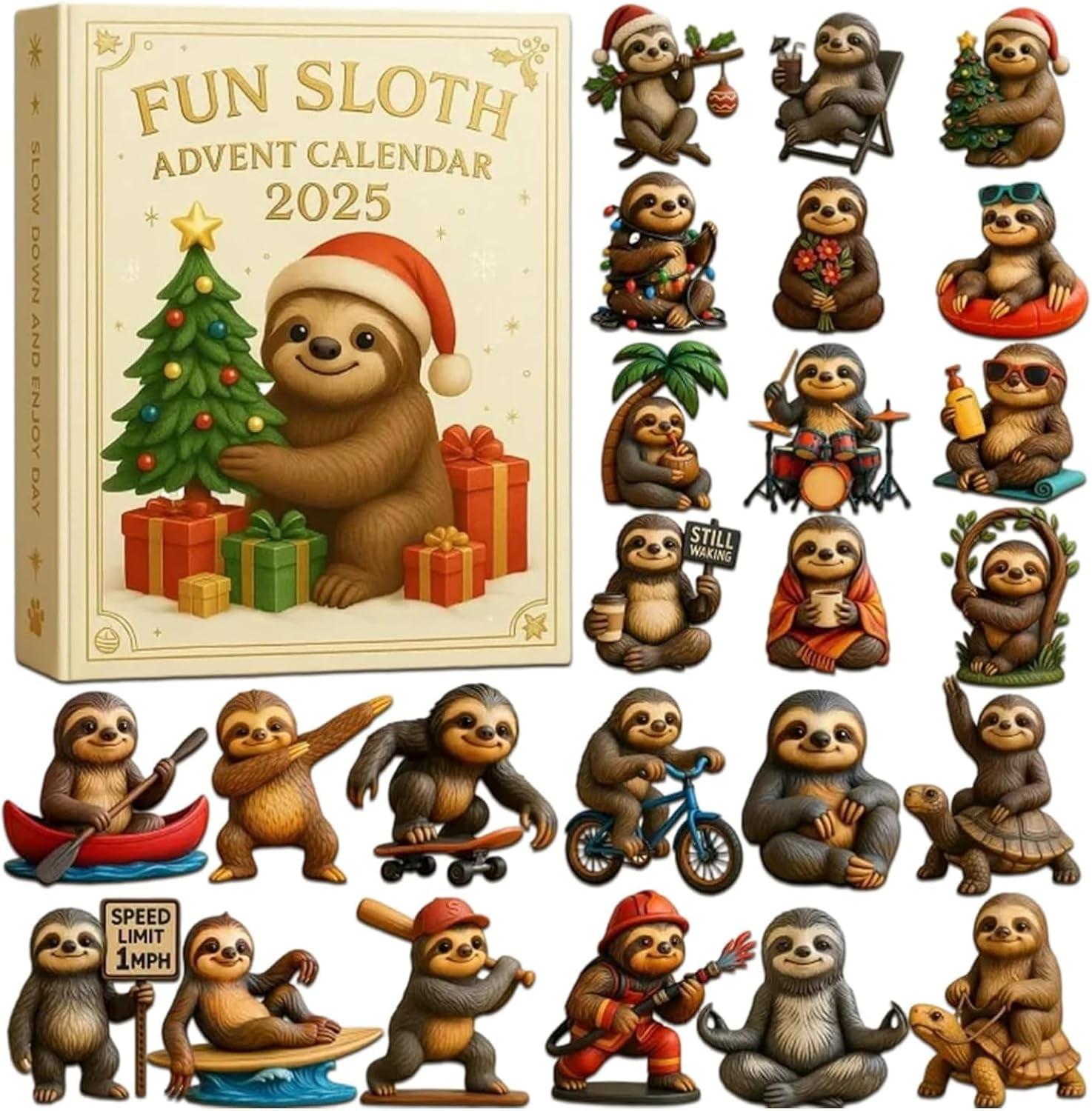 Fun Sloth Advent Calendar 2025, 24 Day Acrylic Sloth-Themed Christmas ...