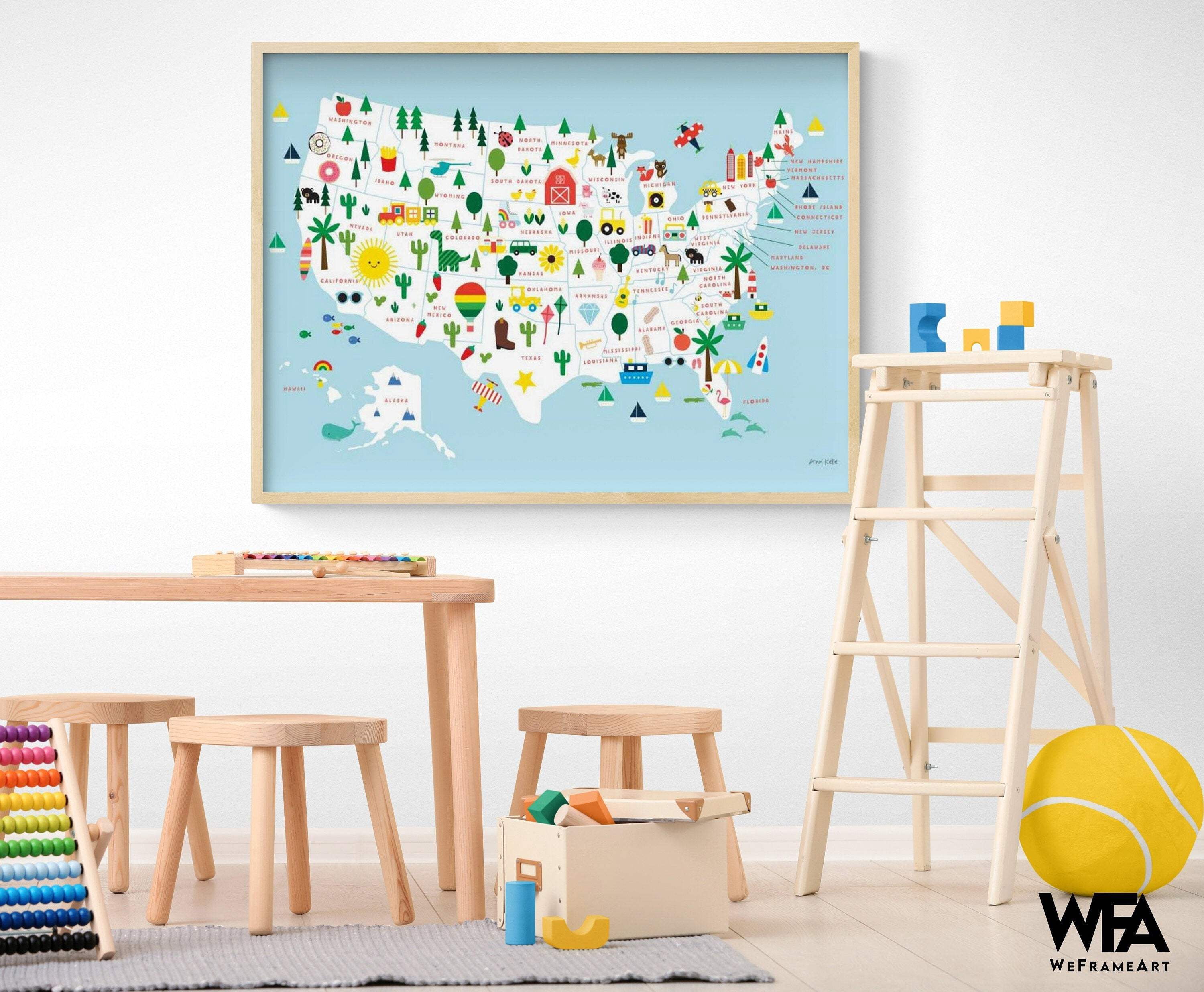 Fun USA Map, Kids Playroom Decor, Kids Room Wall Art, Children's Room ...