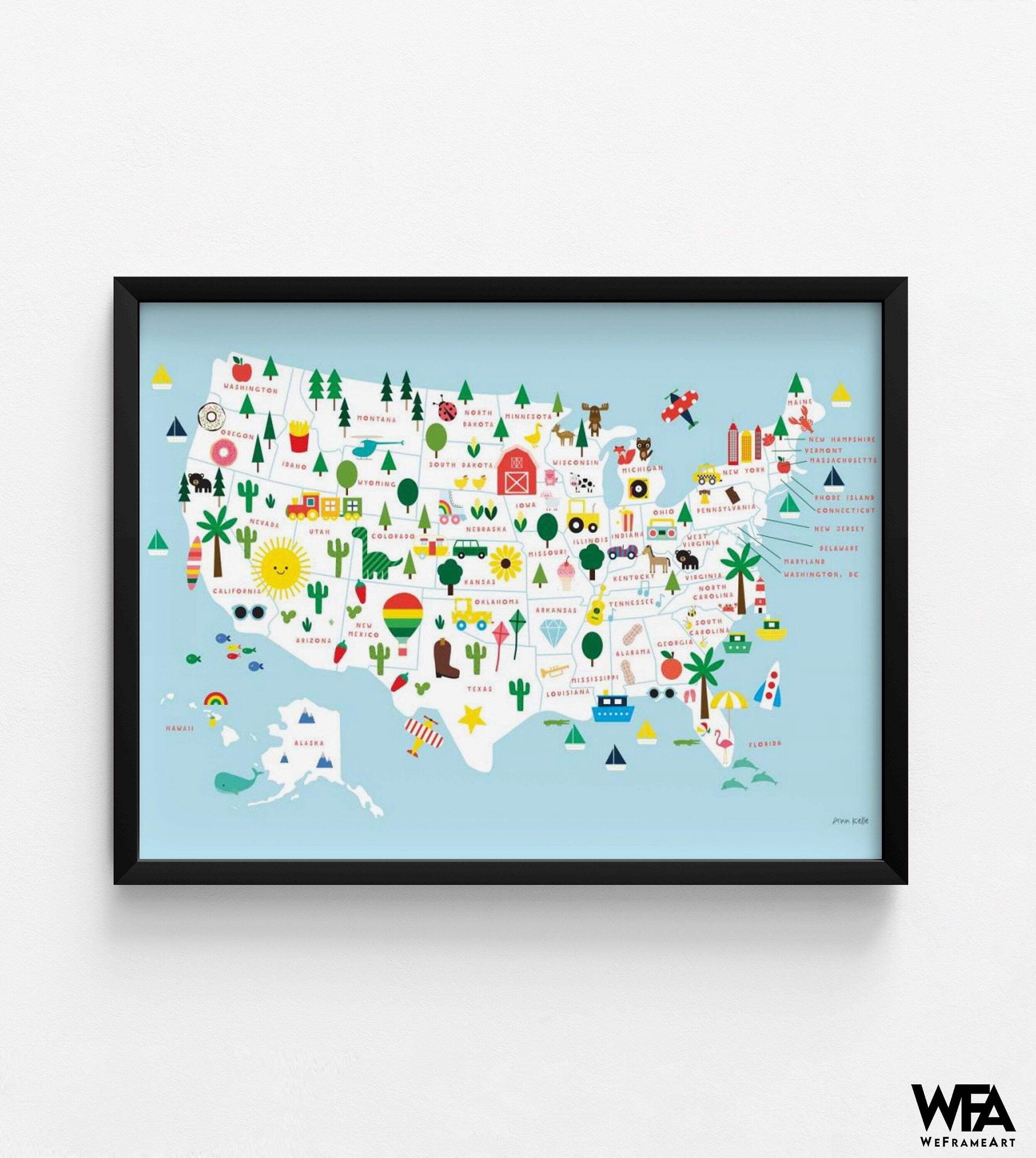 Fun USA Map, Kids Playroom Decor, Kids Room Wall Art, Children's Room ...