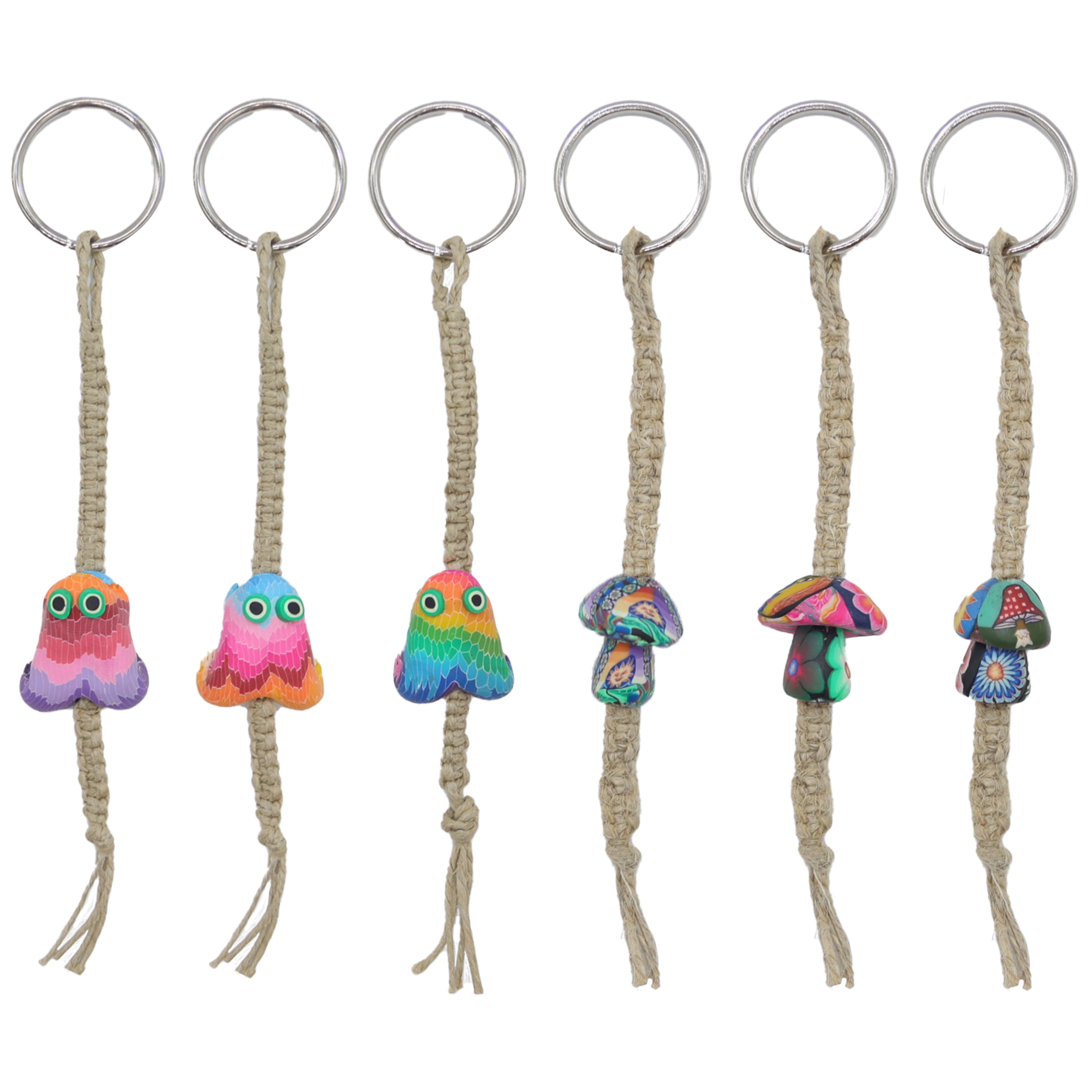 Fun-Weevz Set of 6 Y2K Polymer Clay Mushroom and Braided Hemp Keychains ...
