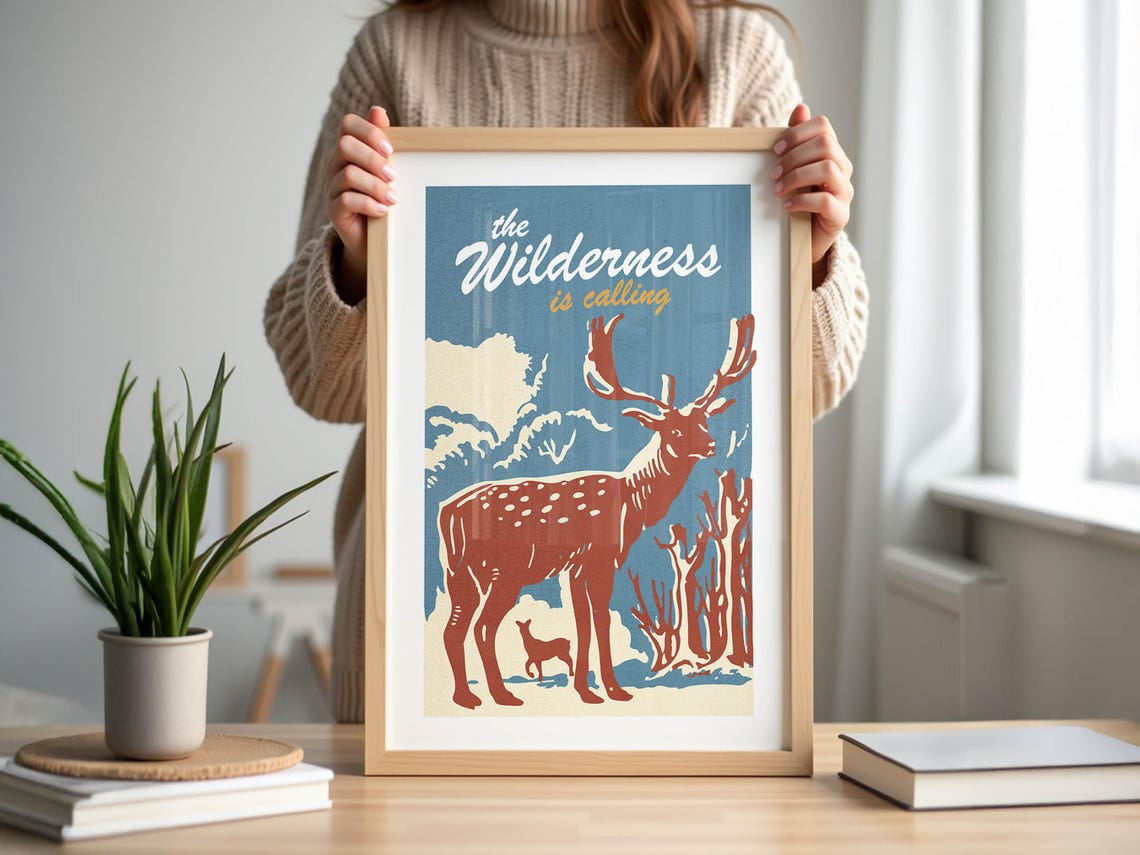 Fun Wilderness Print Retro Outdoors Art Gift For Friend Nature Art Deer ...
