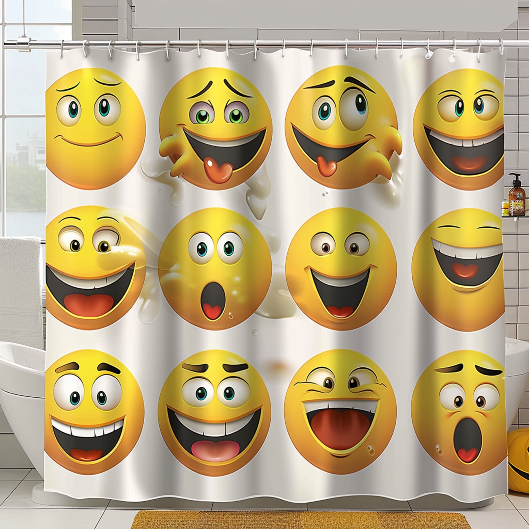 Fun and Expressive Yellow Smiley Face Emoji Shower Curtain with Various ...