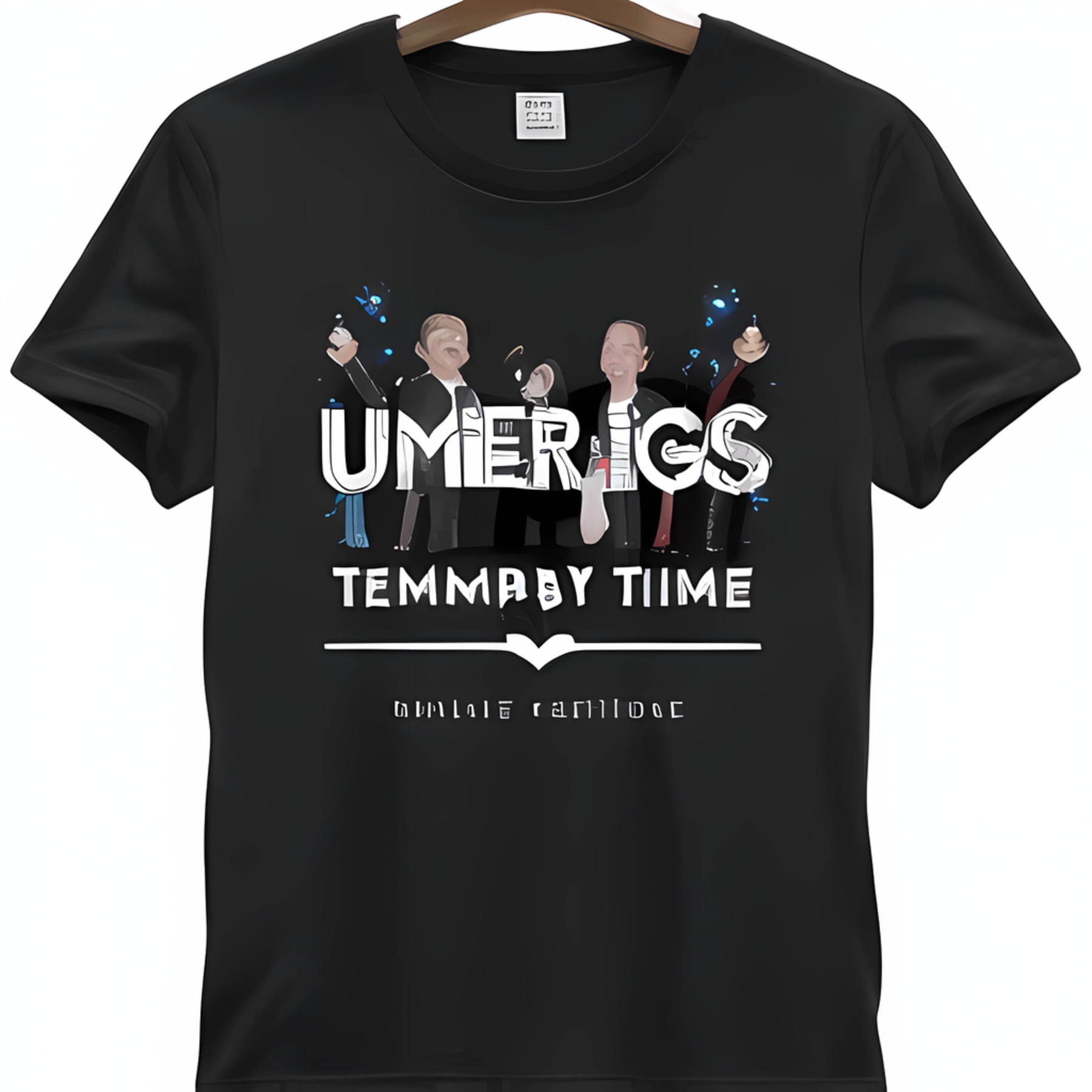 Fun and Vibrant Black T-Shirt with Animated Characters Celebrating in ...