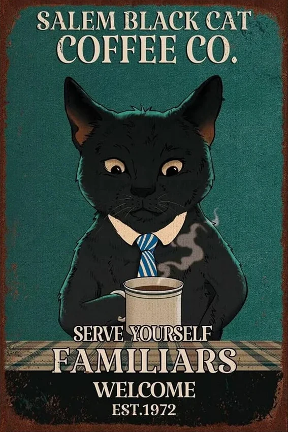 Fun coffee bar sign retro cat wall art decoration Black Cat Cafe home ...