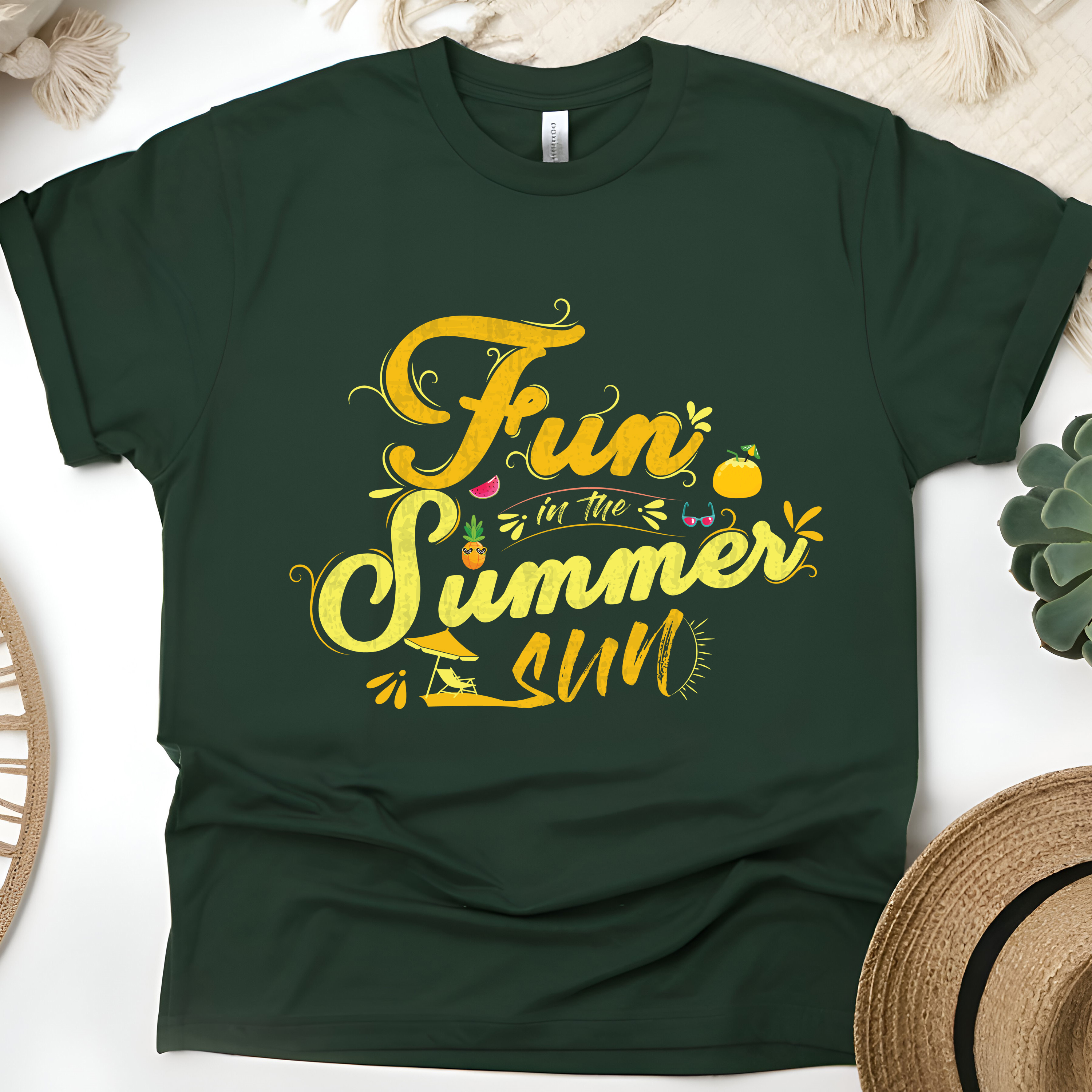 Fun in the Summer Sun T-Shirt – Yellow Retro Hand Lettering Beach Tee ...