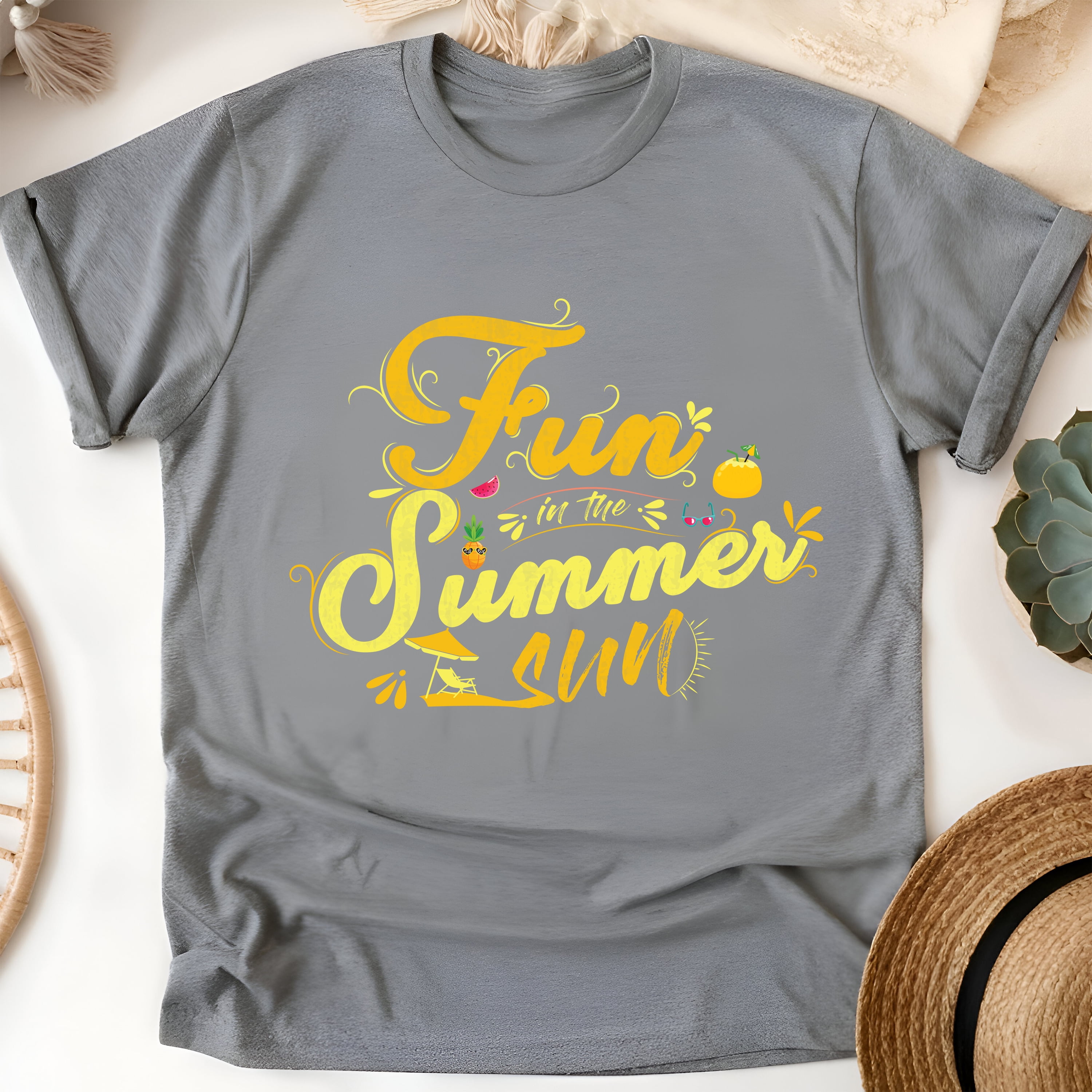 Fun in the Summer Sun T-Shirt – Yellow Retro Hand Lettering Beach Tee ...