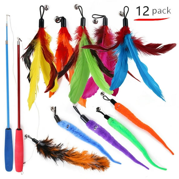 FunChaos Indoor Cat Feather Toy Set, Retractable Wands & Bell Teasers ...