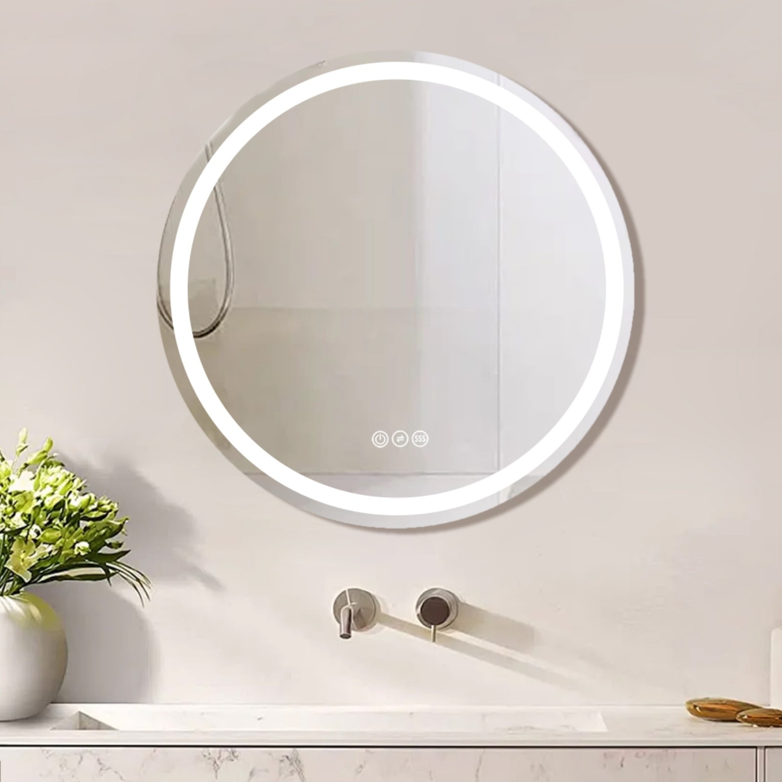 Funae 24 Inch White Frame Circular Vanity Mirror, Dimmable Anti Fog LED Bathroom Mirror ...