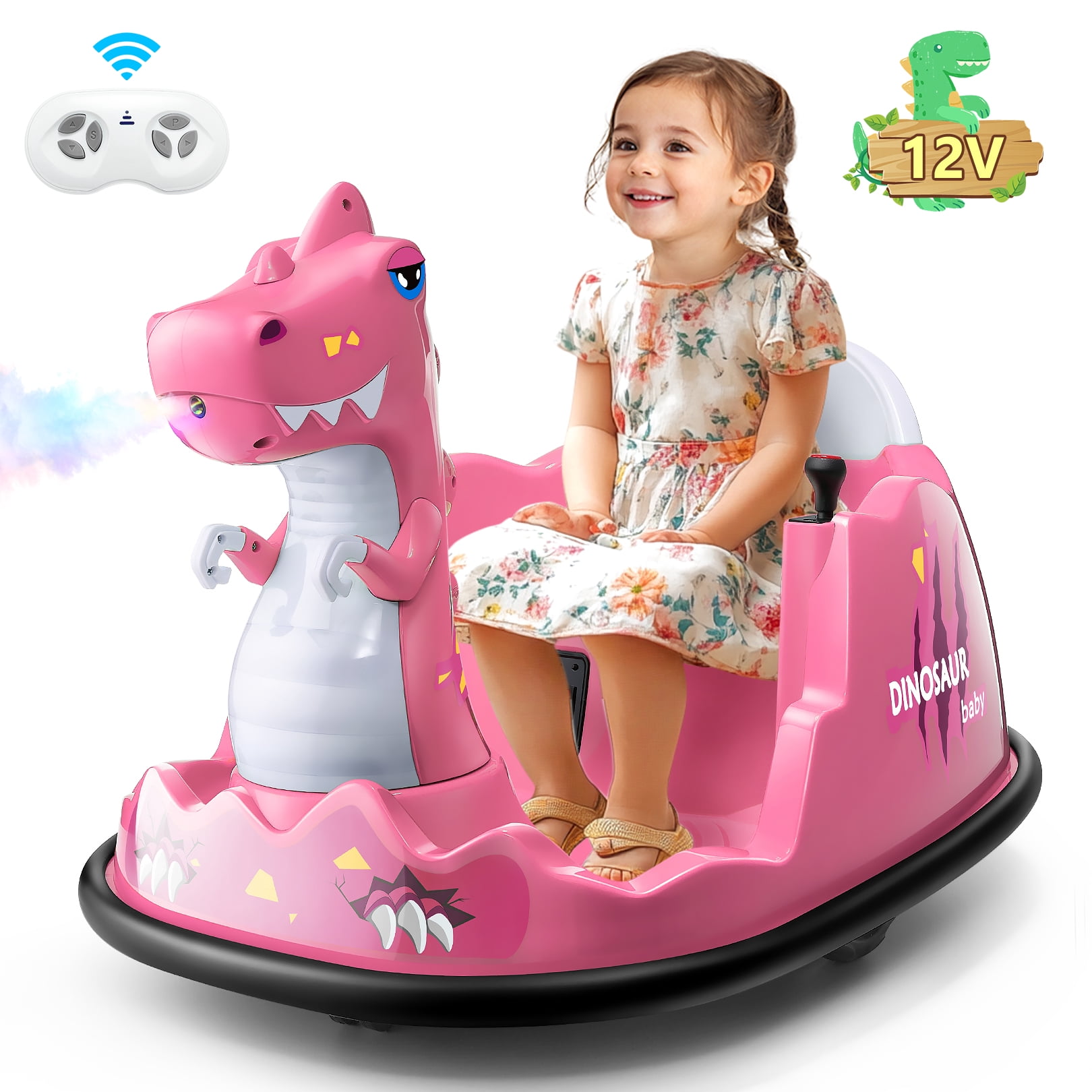Funcid 12V Dinosaur Bumper Car with Remote Control, 360° Spin Ride on ...