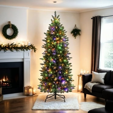 VEIKOUS 8ft Pre-Lit Slim Pencil Christmas Tree, Outdoor Decor with 350 ...