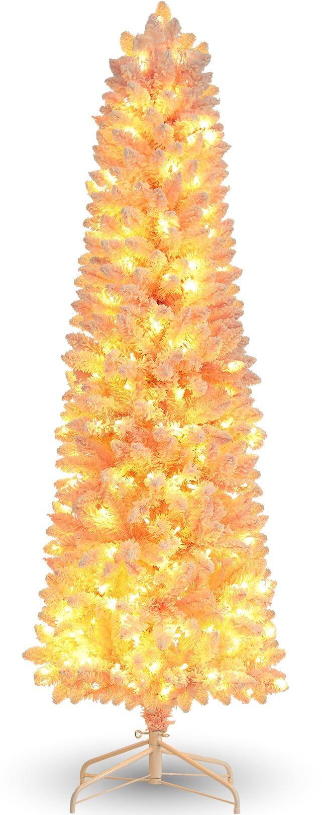 Funcid 6ft Pre-lit Pencil Christmas Tree, Flocked Slim Artificial ...