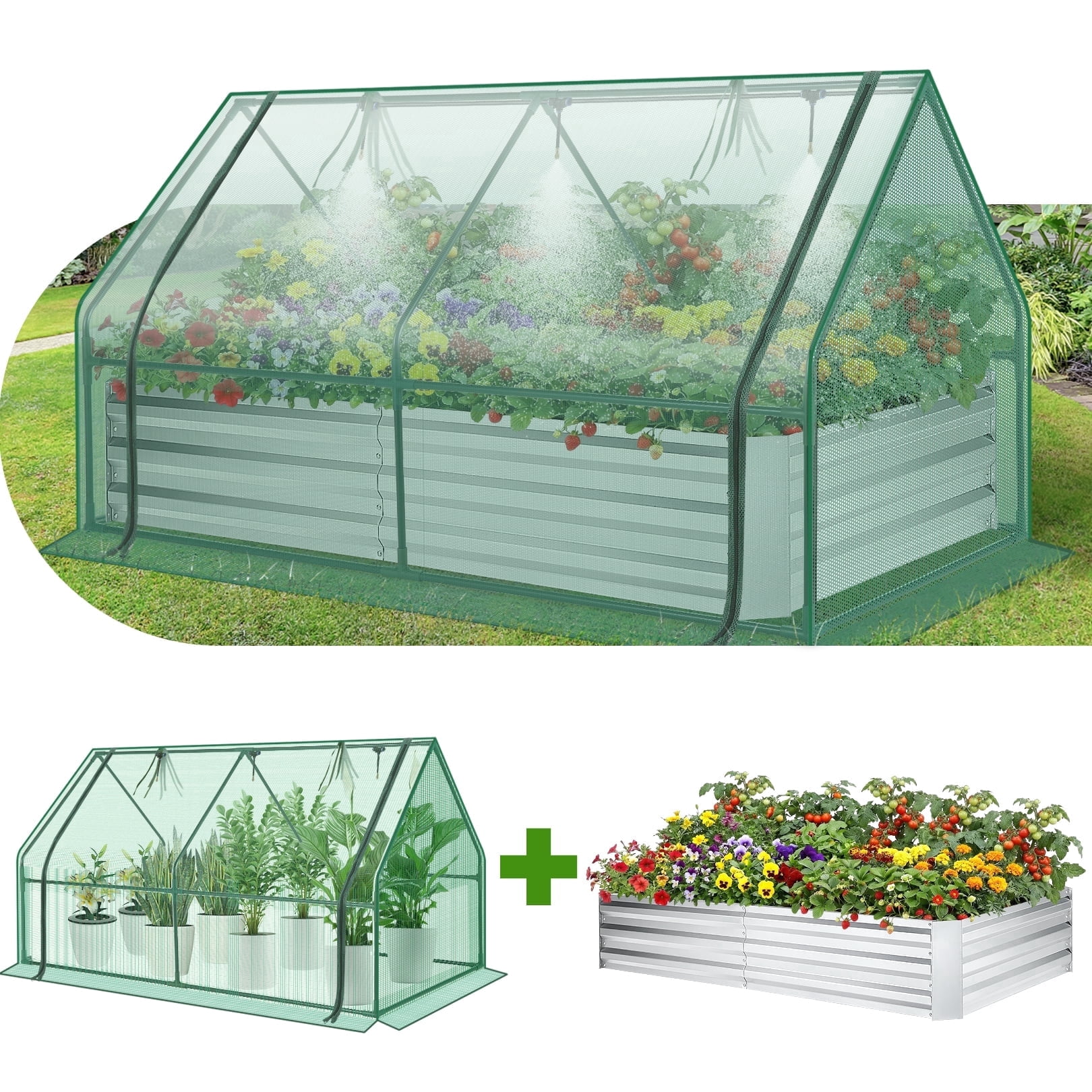 Funcid Galvanized Raised Garden Bed with Self Watering System and Mesh ...