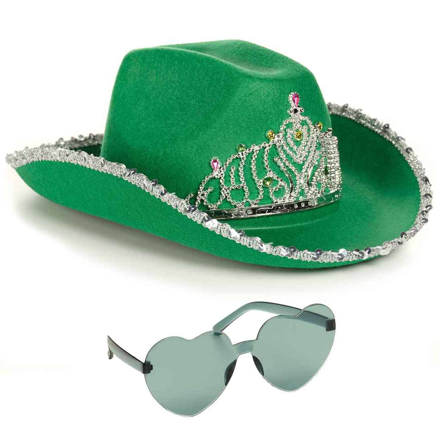 Funcredible Green Cowgirl Hat with Heart Glasses - Green Cowboy Hat ...