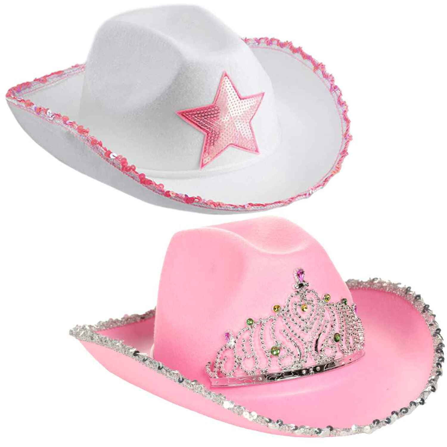 Funcredible Pink and White Cowgirl Hats with Tiara Crown for Women ...