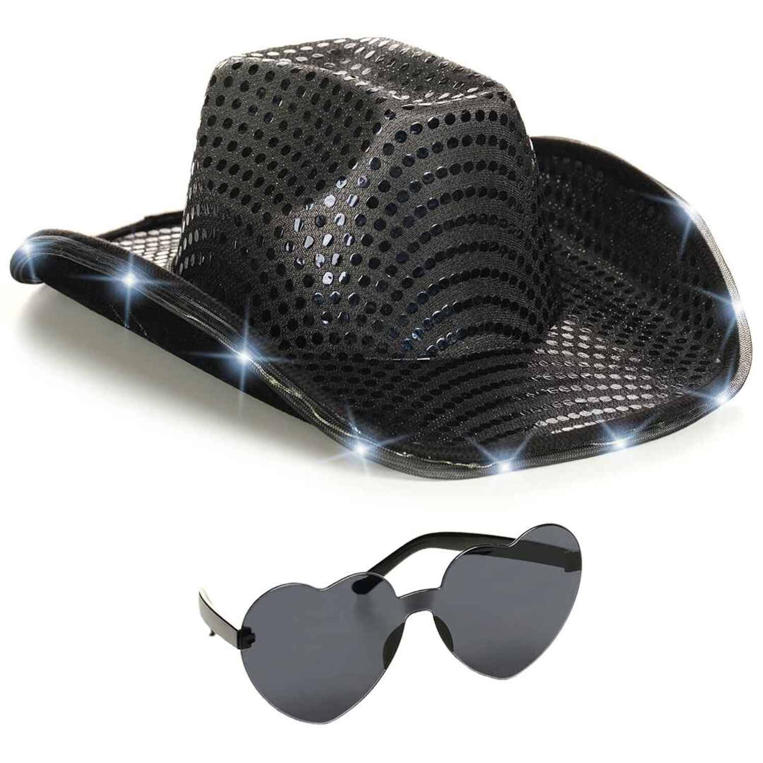 Funcredible Space Cowgirl Hat | Black Light Up Cowboy Hat with Glasses ...