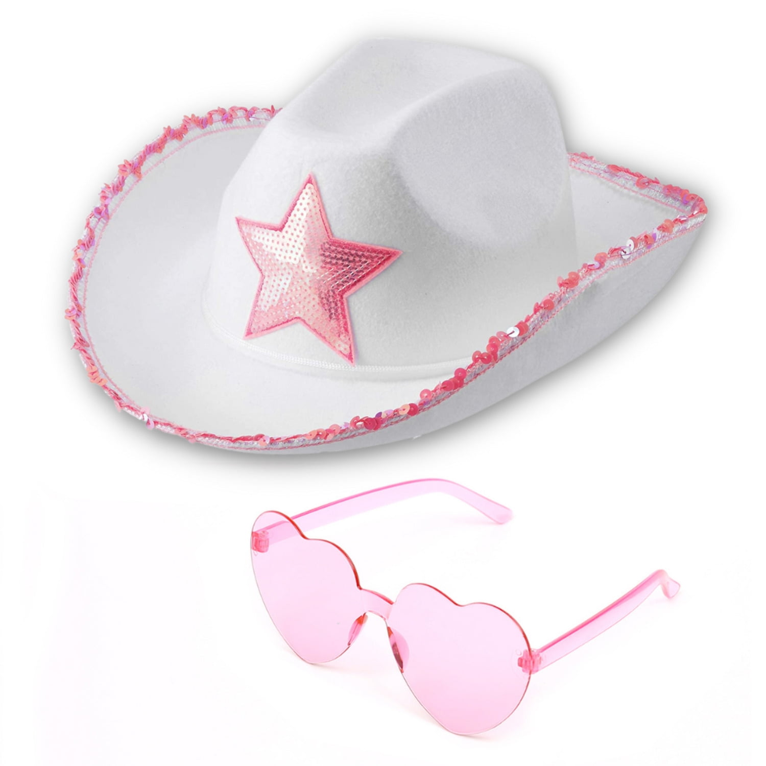 Funcredible White Pink Cowgirl Hat with Heart Glasses - Pink Cowboy Hat ...