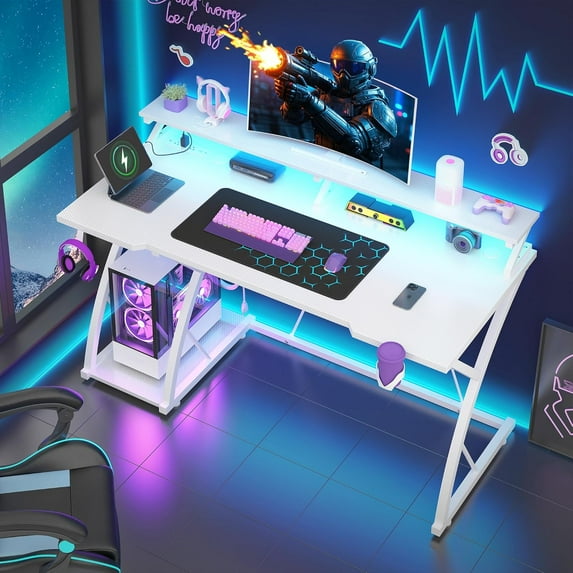 Functional 48 Inch Z Shaped Gaming Table with Power Outlet and Storage ...