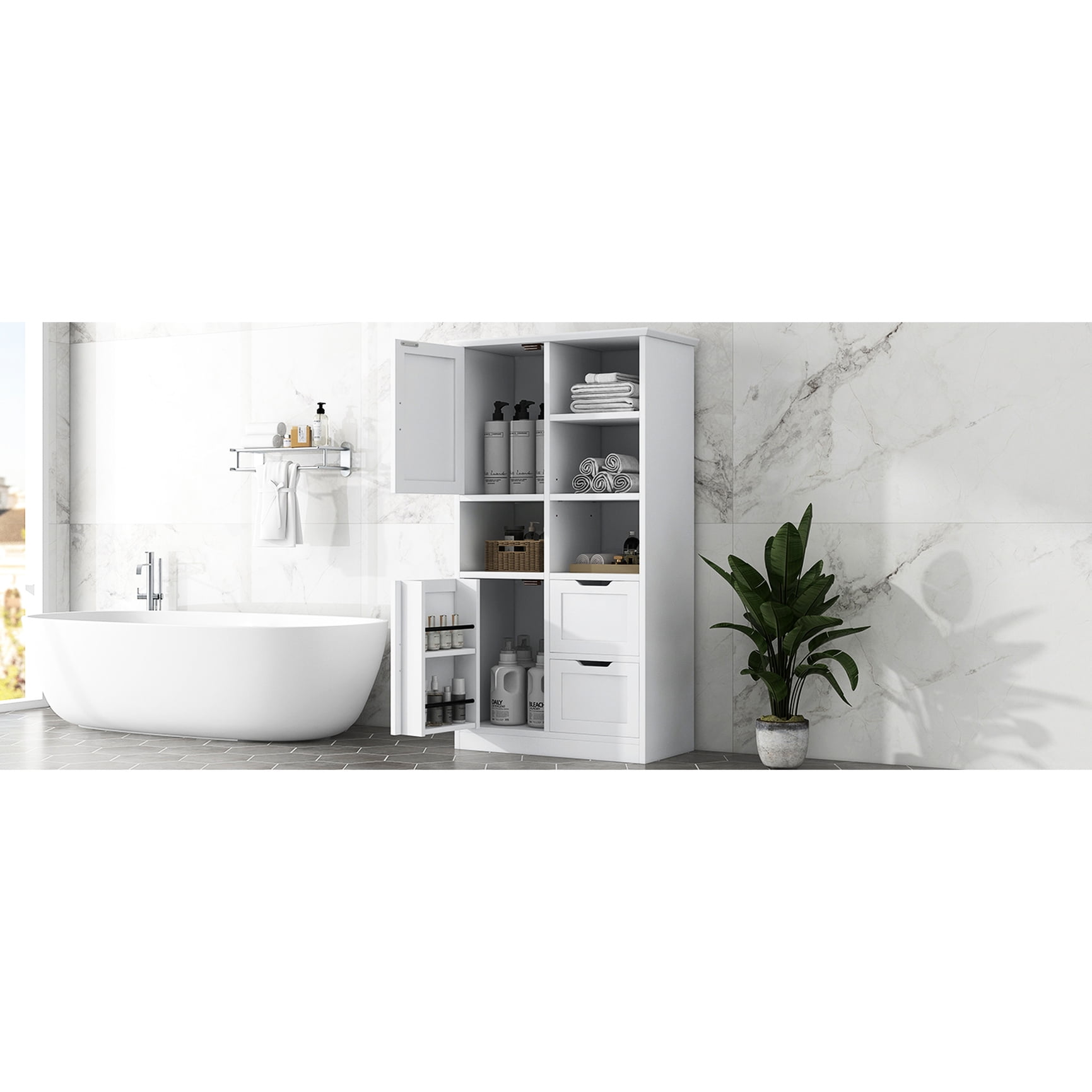 Functional Bathroom Storage Unit | Open Shelves and Closed Cabinets ...