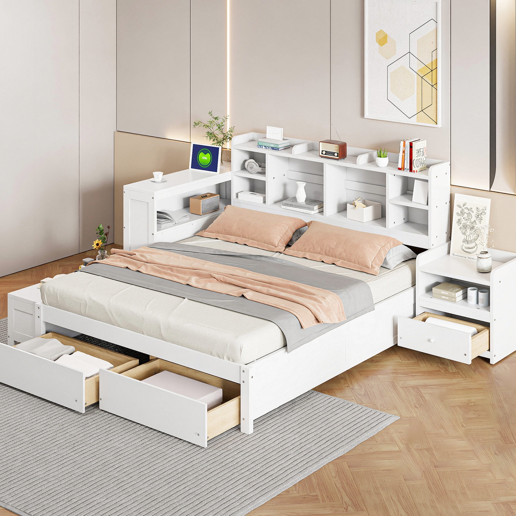 Functional Bedroom Furniture Set - Full-Size Bed with Headboard Storage ...