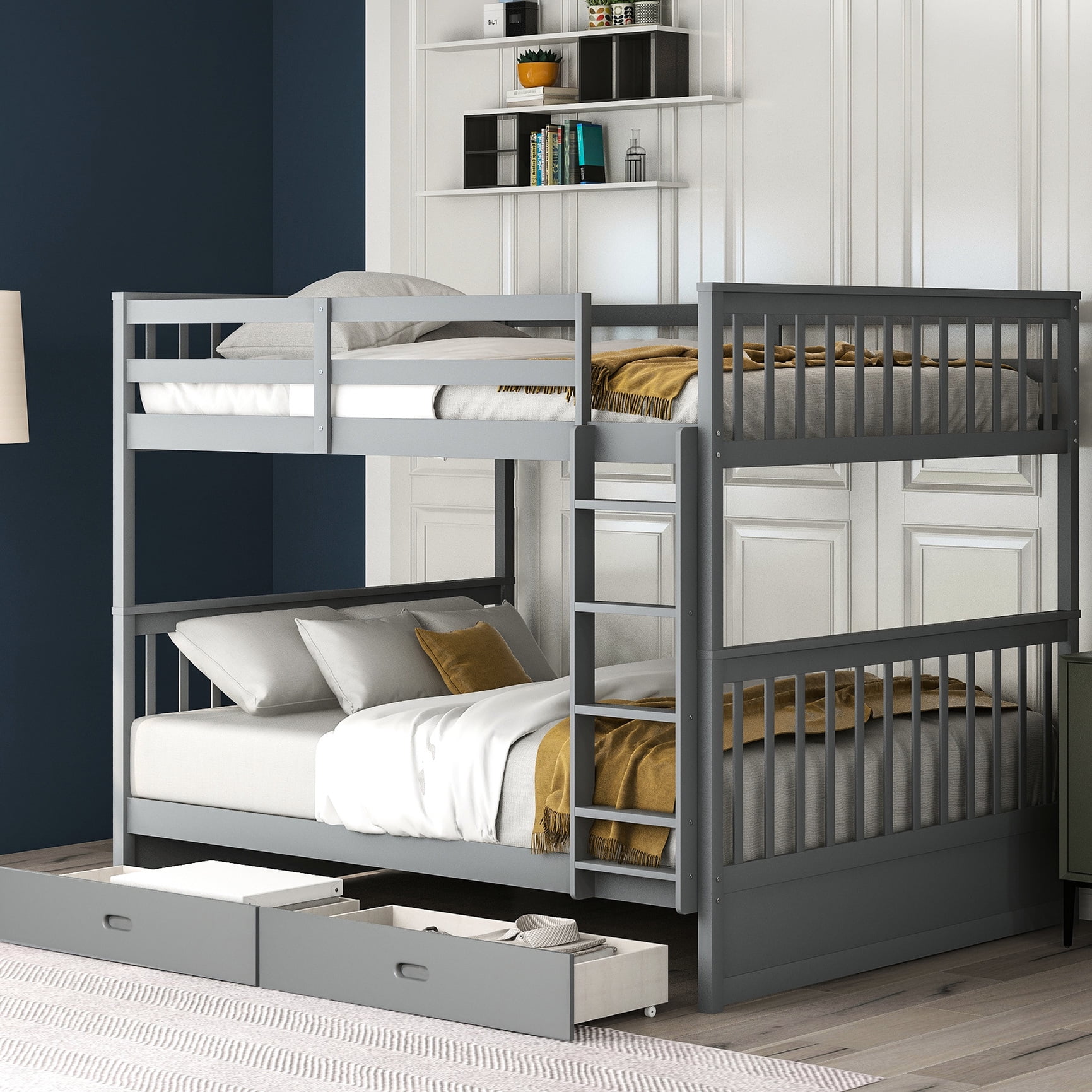 Functional Bunk Bed In Gray With Storage Drawers And Ladders - With ...