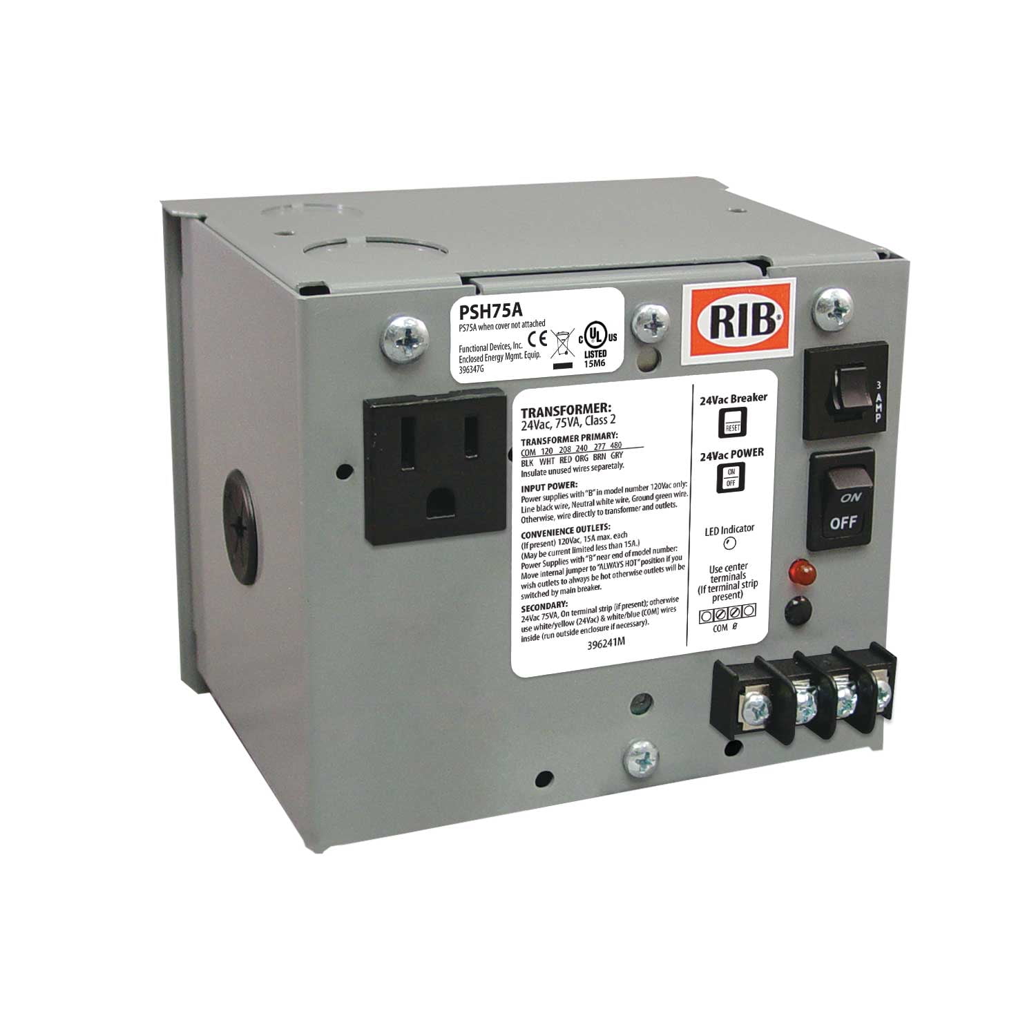 Functional Devices PSH75A Enclosed Single 75VA Multi-Tap UL Class 2 Power Supply, 480/277/240 ...