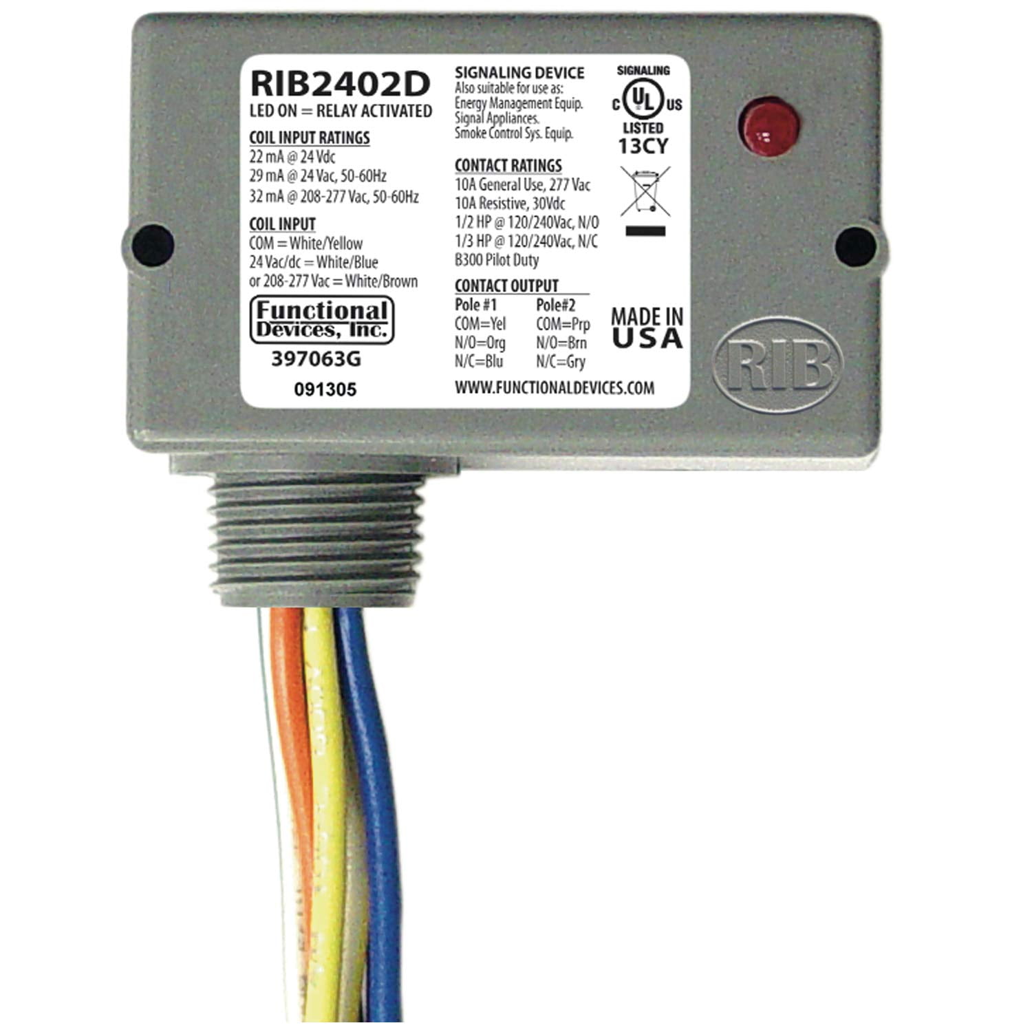 Functional Devices RIB2402D Pilot Relay, 10 Amp DPDT, 24 Vac/dc/208-277 ...
