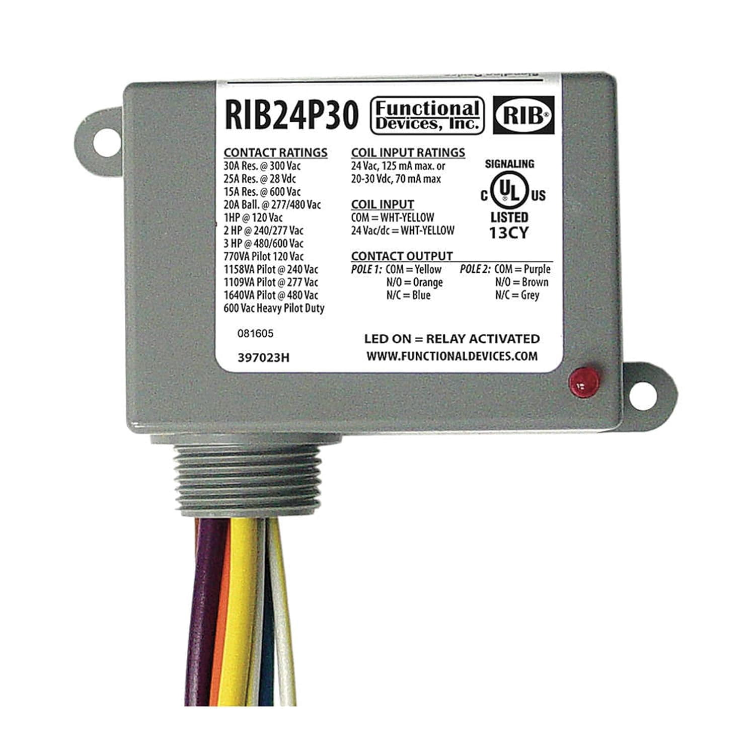 Functional Devices/Rib Enclosed Pre-Wired Relay, 30A@300Vac, Dpdt ...