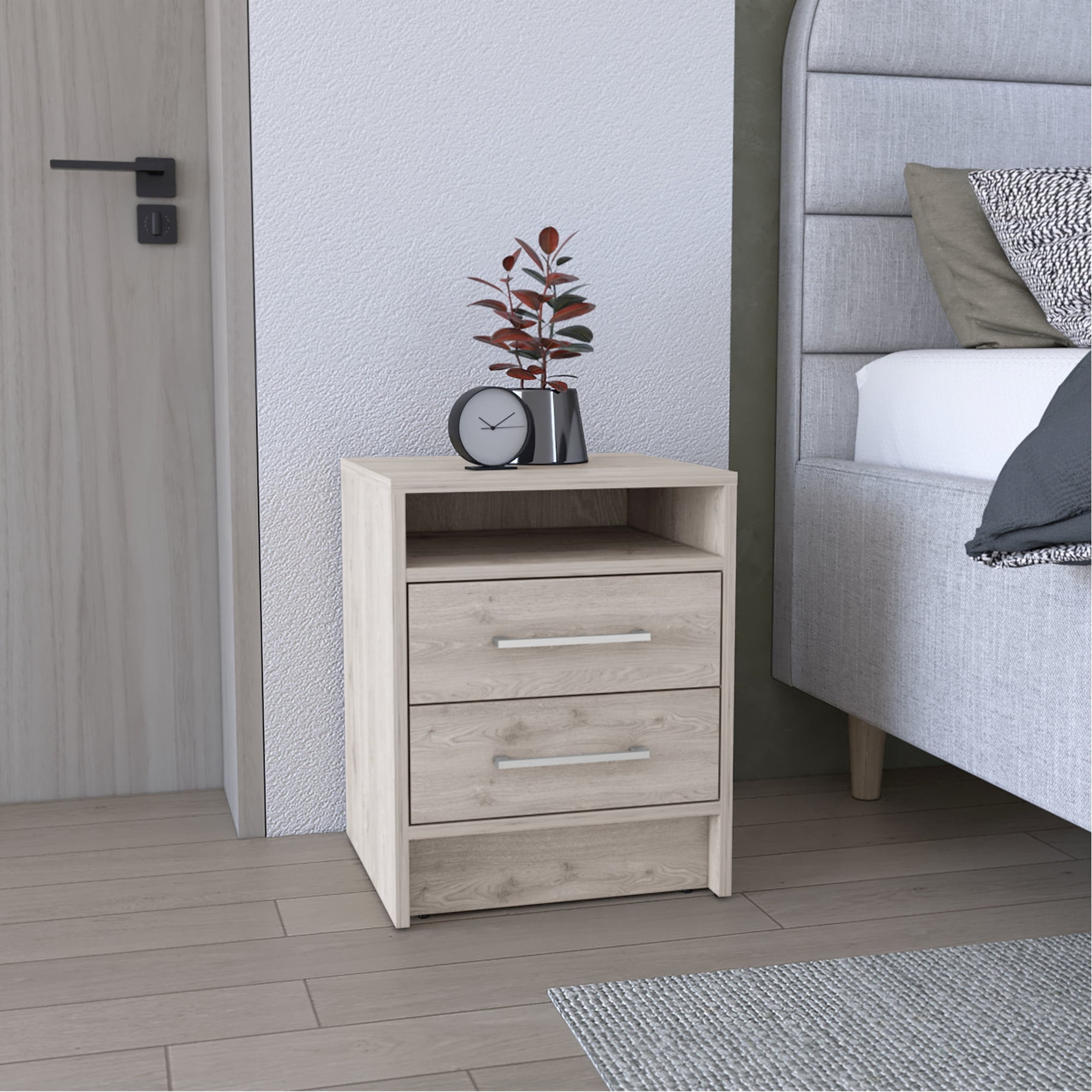 Functional Gray Nightstand With Two Drawers And Shelf For Bedroom ...
