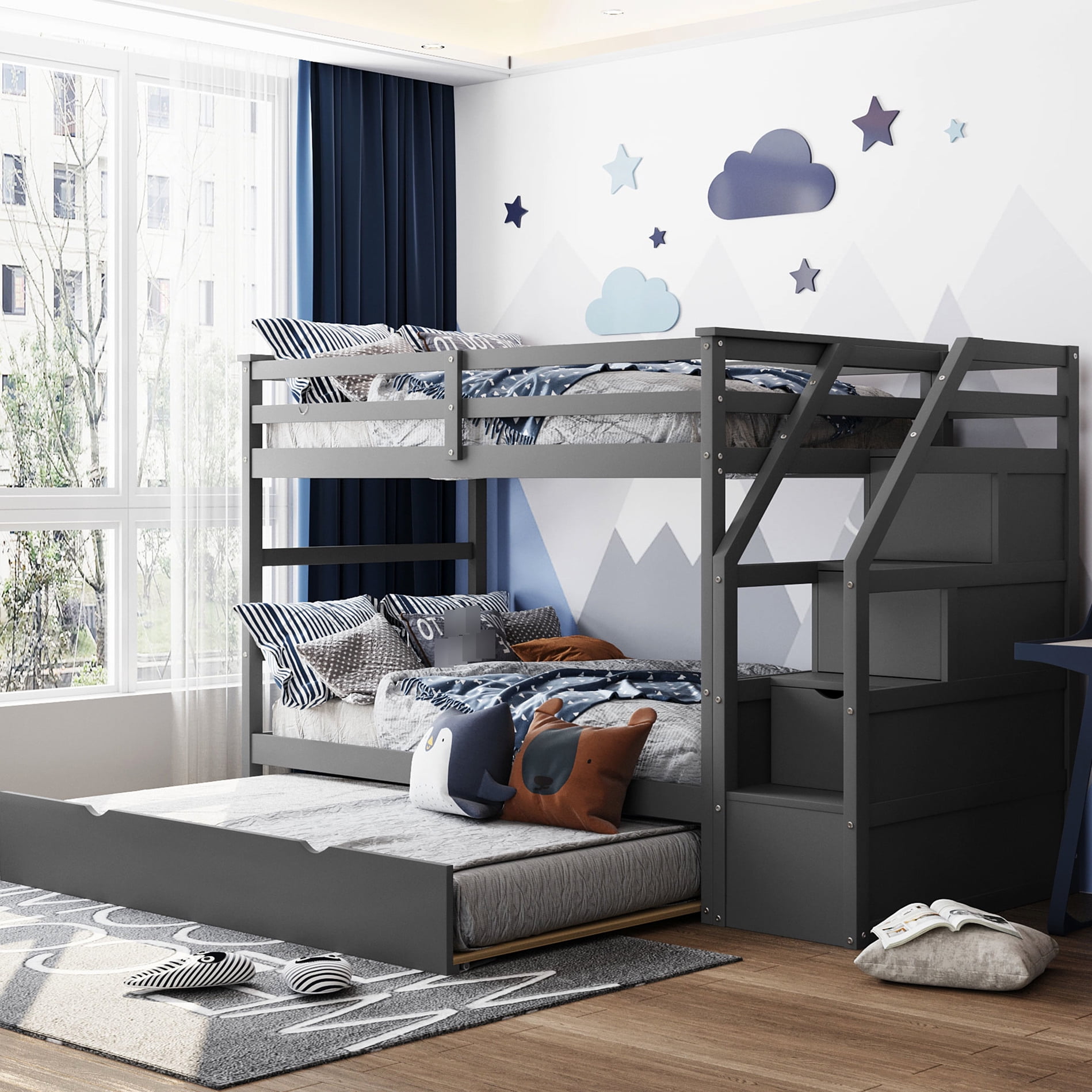 Functional Gray Twintwin Bunk Bed With Trundle And Storage Options In ...