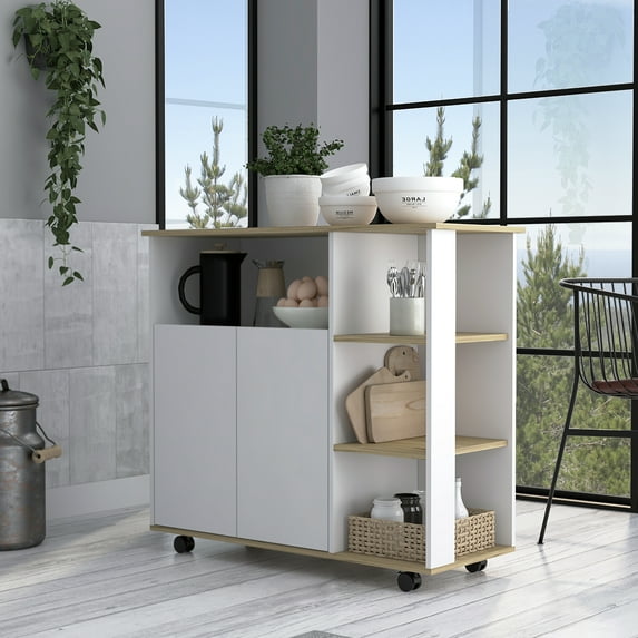 Functional Kitchen Island With One Cabinet And Four Open Shelves In Oak ...