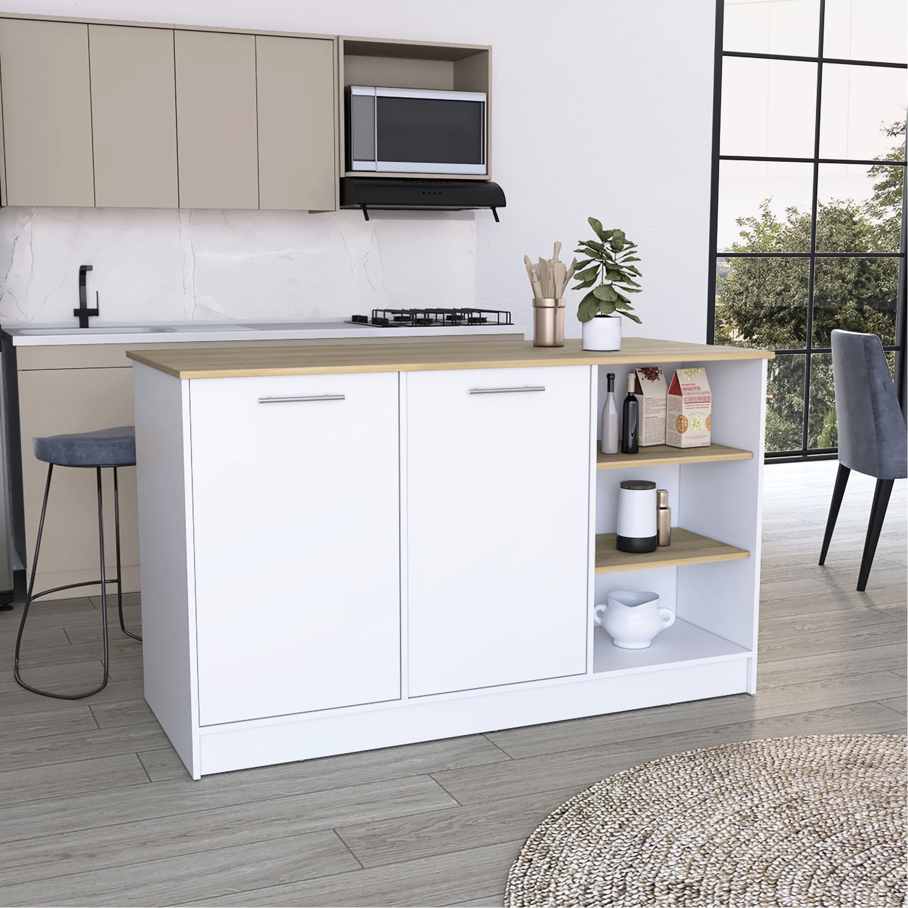 Functional Kitchen Island With Three Open Shelves And Concealed ...