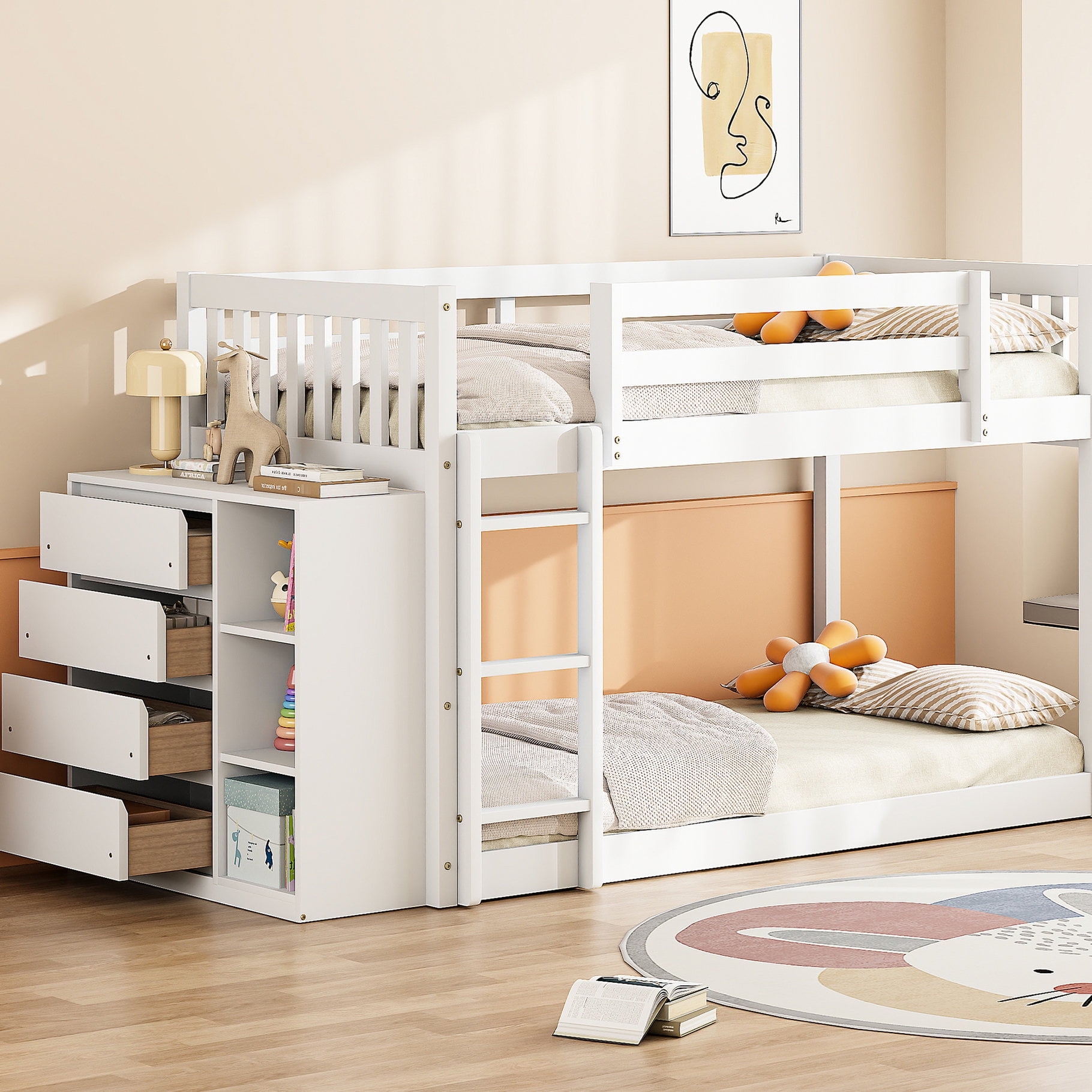 Functional Twin Over Twin Bunk Bed | Provides Storage for Clothes and ...