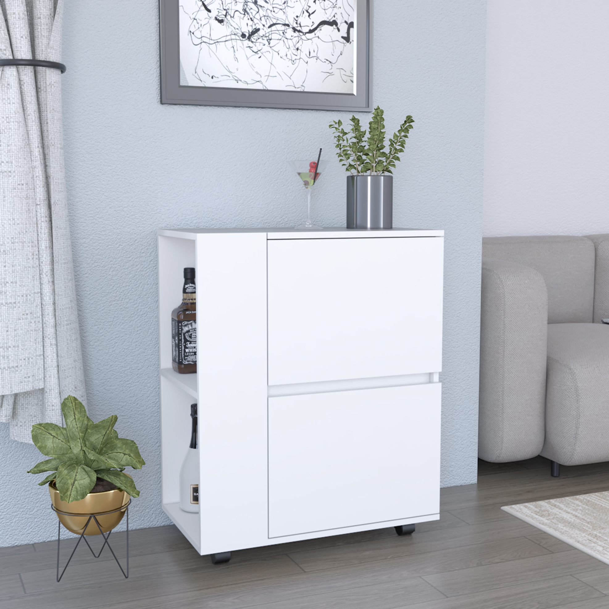 Functional White Bar Cart With Two Pull-down Door Cabinets And Open ...