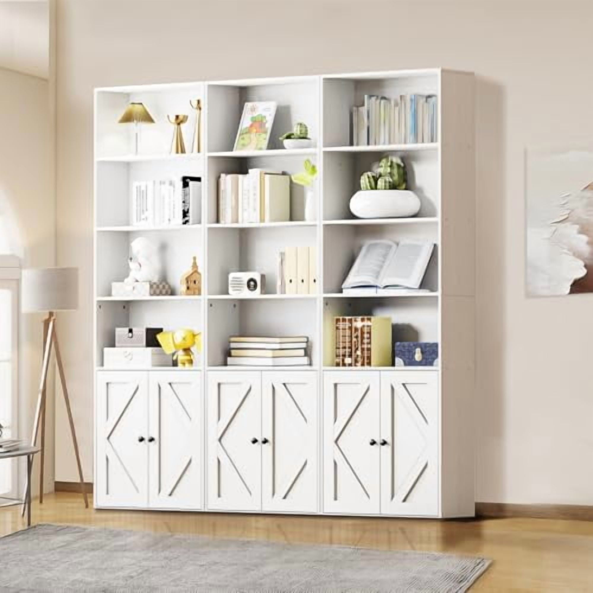 Functional Wooden Bookshelves and Bookcases with Doors and Cabinet-6-Shelf Freestanding Bookcase ...