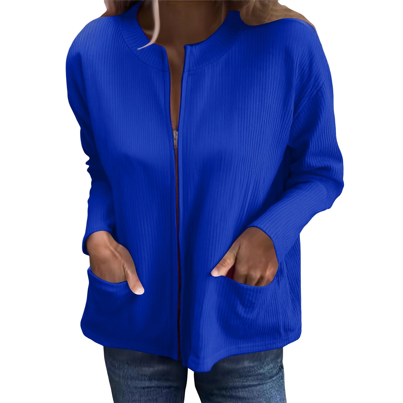 Functional Zip Front Ribbed Knit Plain Jackets For Women Stand Collar ...