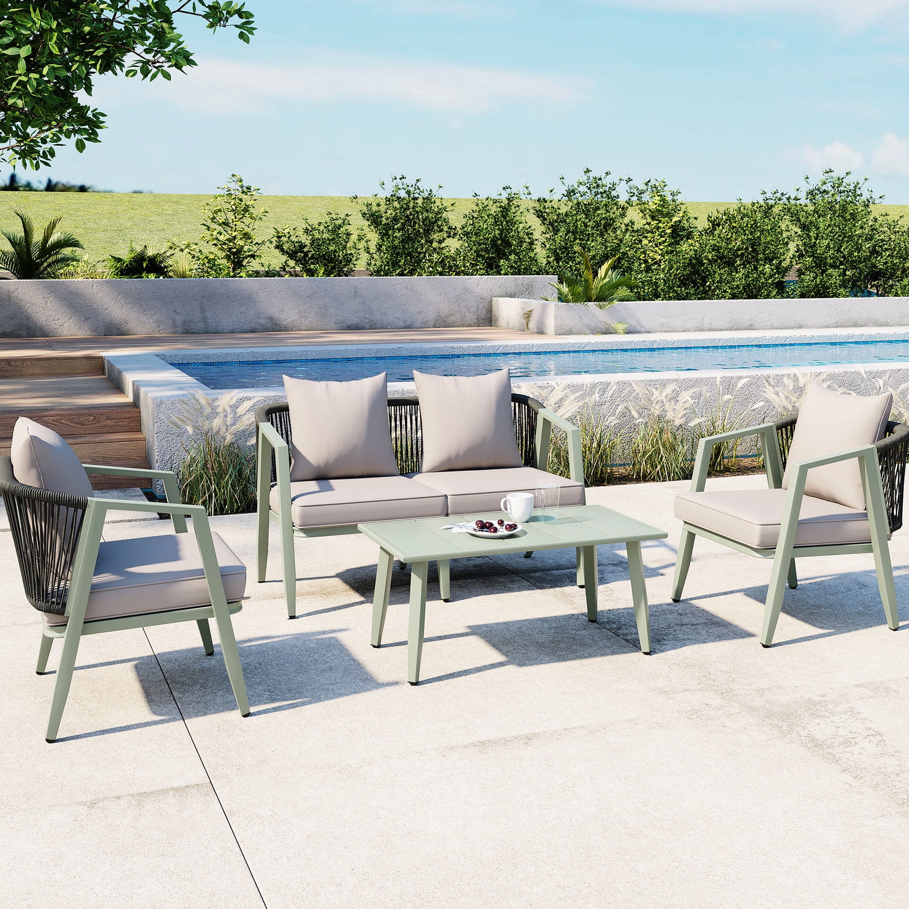 Functional iron table - Relaxing single chairs - Poolside enjoyment ...