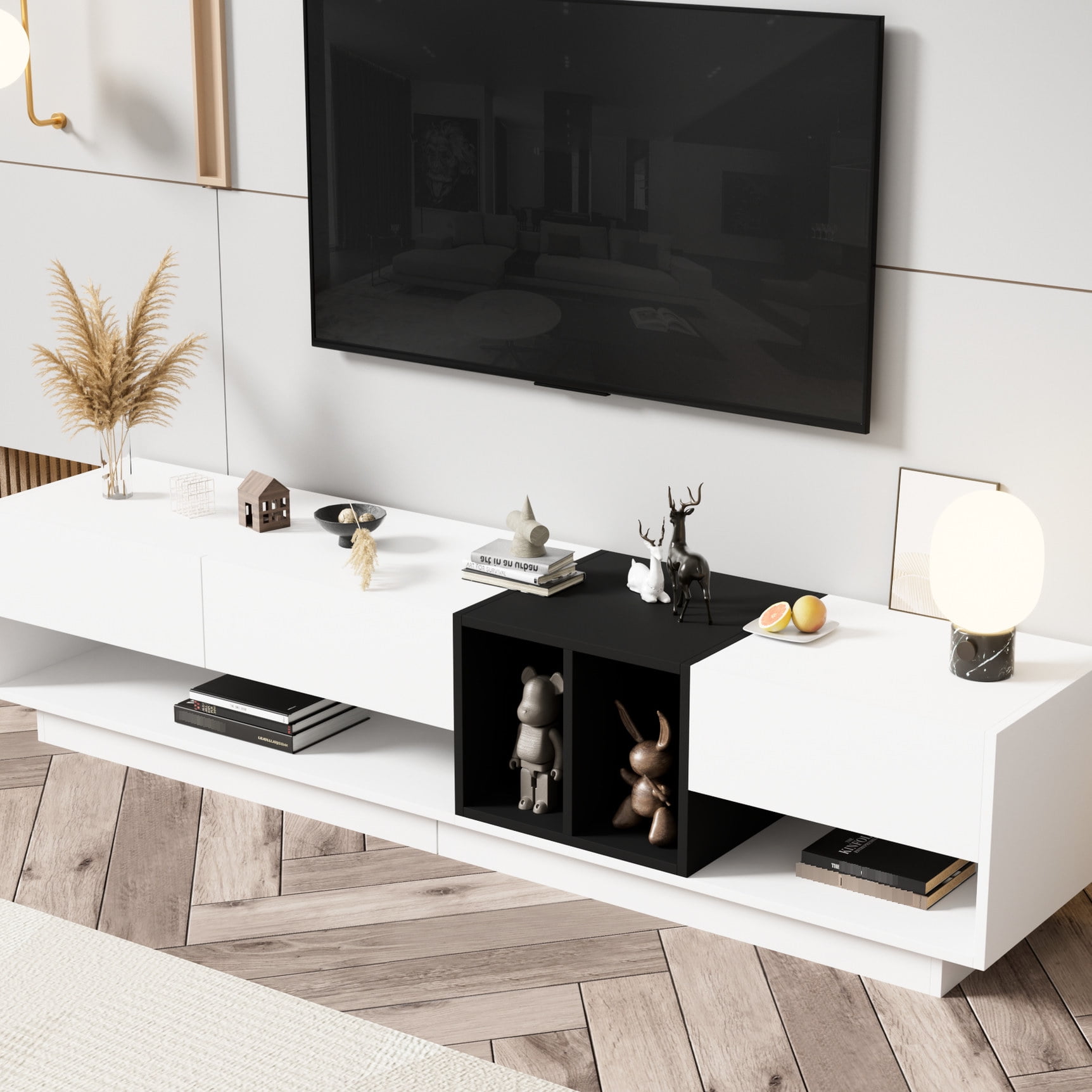 Functional white TV stand with open & hidden storage combo - Keeps ...
