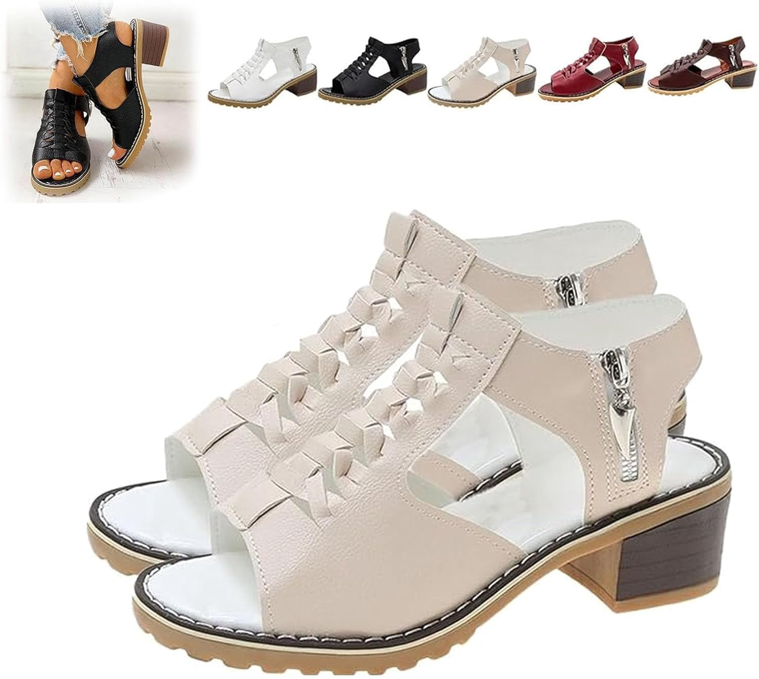 Funfany Peep Toe Cutout Zipper Chunky Heeled Sandals, 2025 Women's Open ...